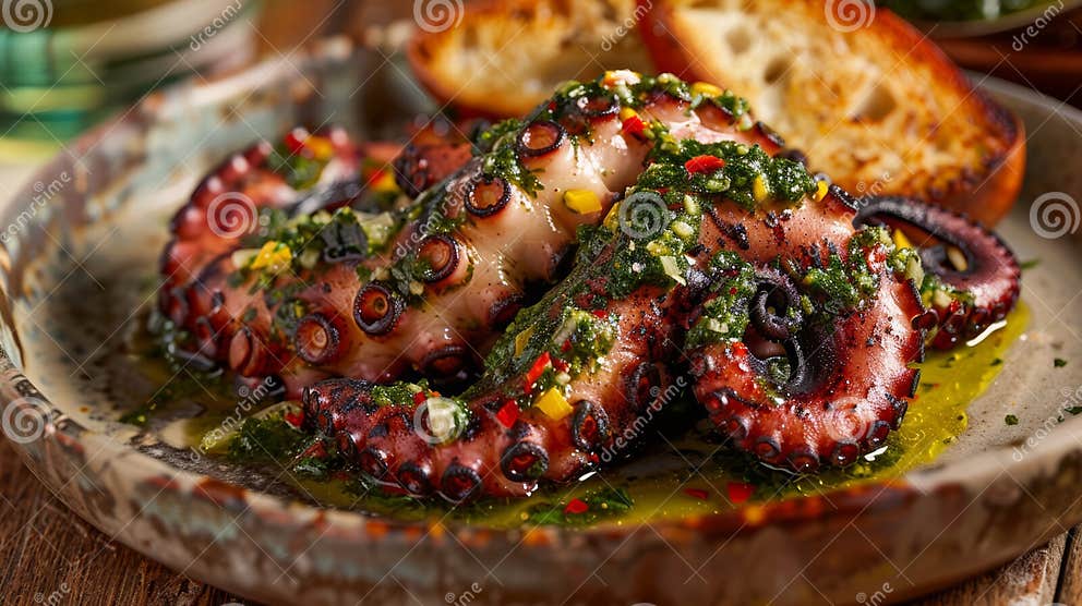 A Plate of a Dish with Octopus and Bread on it, AI Stock Photo - Image ...