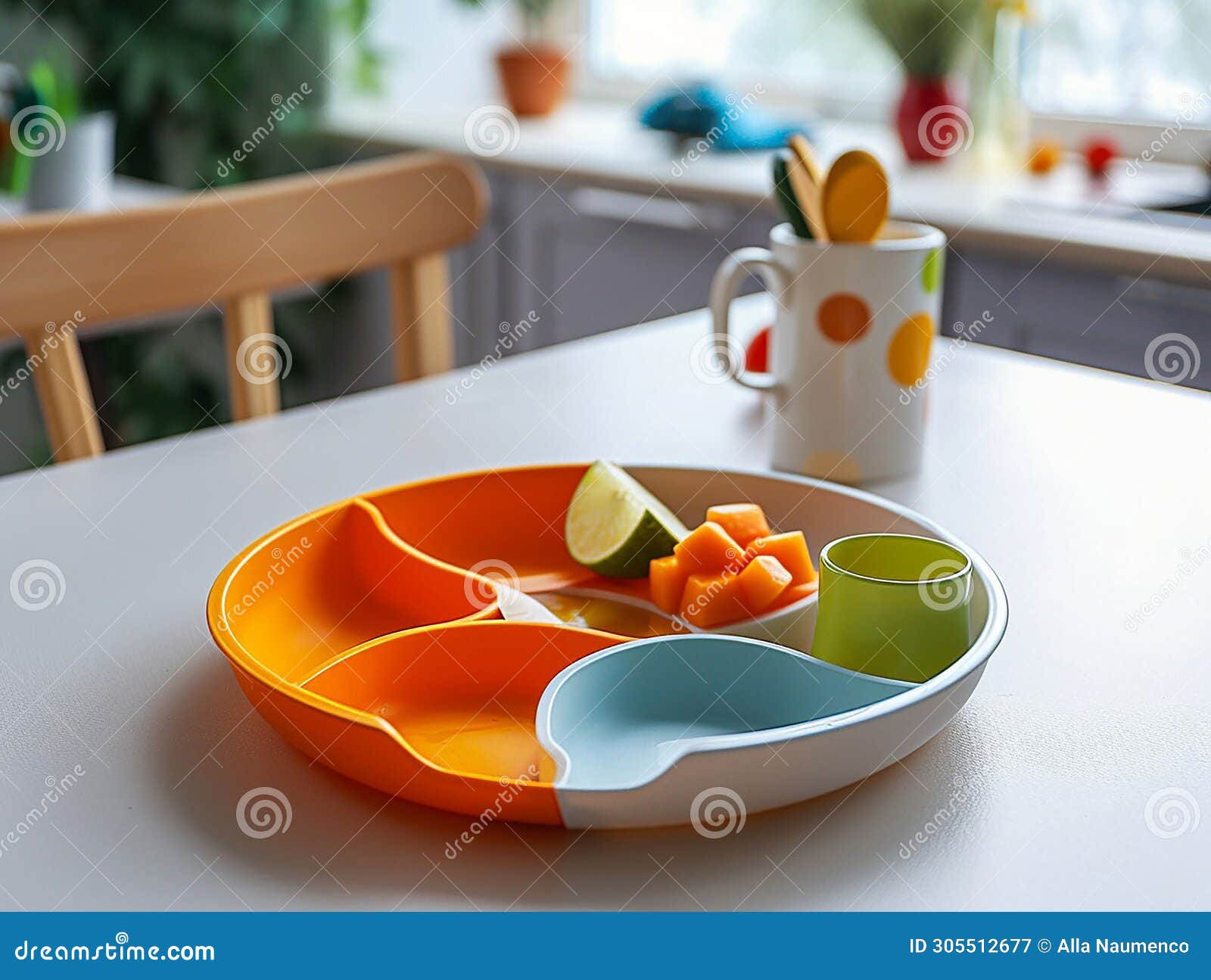 Plate With Division For Portions And Cup For Small Children On Table In ...