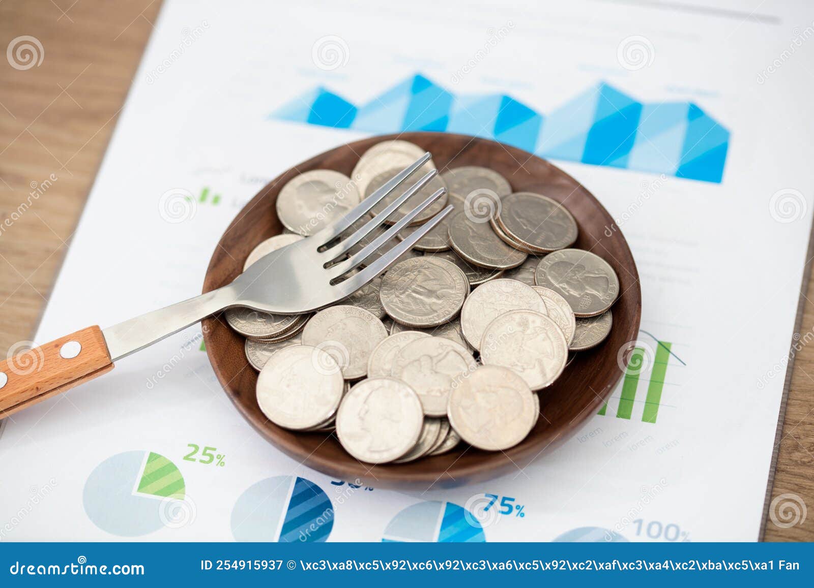 A Plate of Dollar Coins and a Fork on Financial Documents Stock Image ...