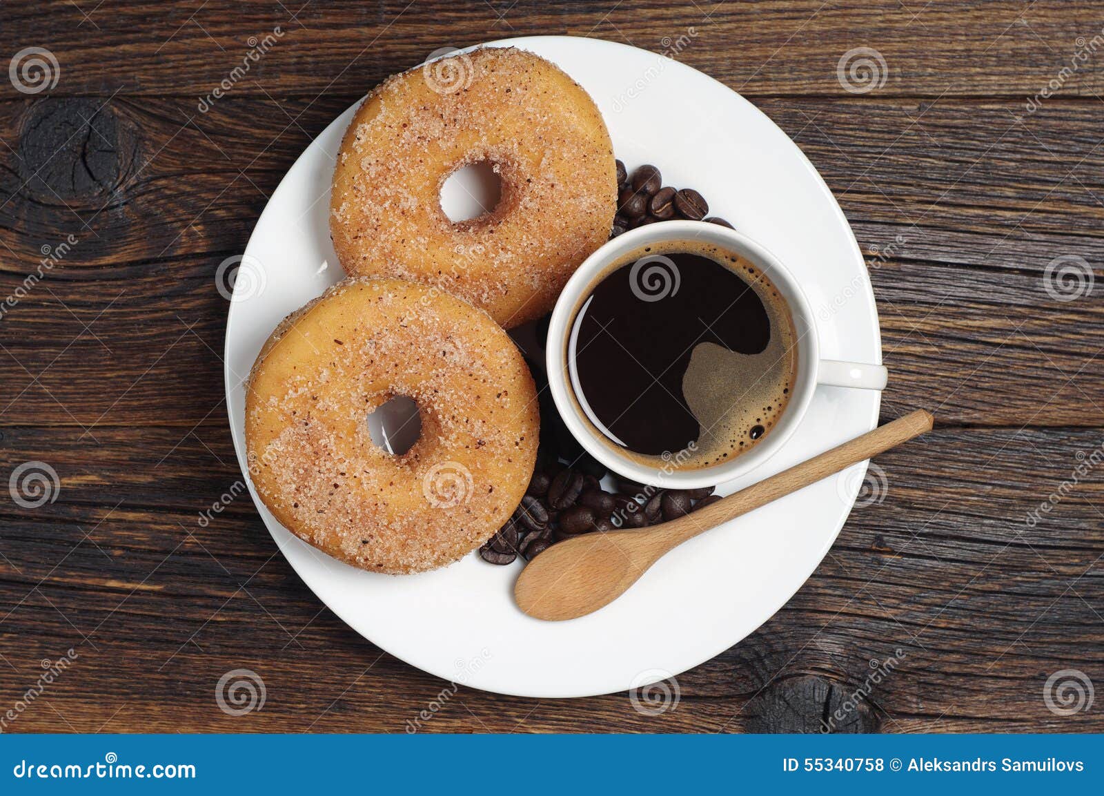 Plate with Donuts and Coffee Stock Photo - Image of life, spoon: 55340758
