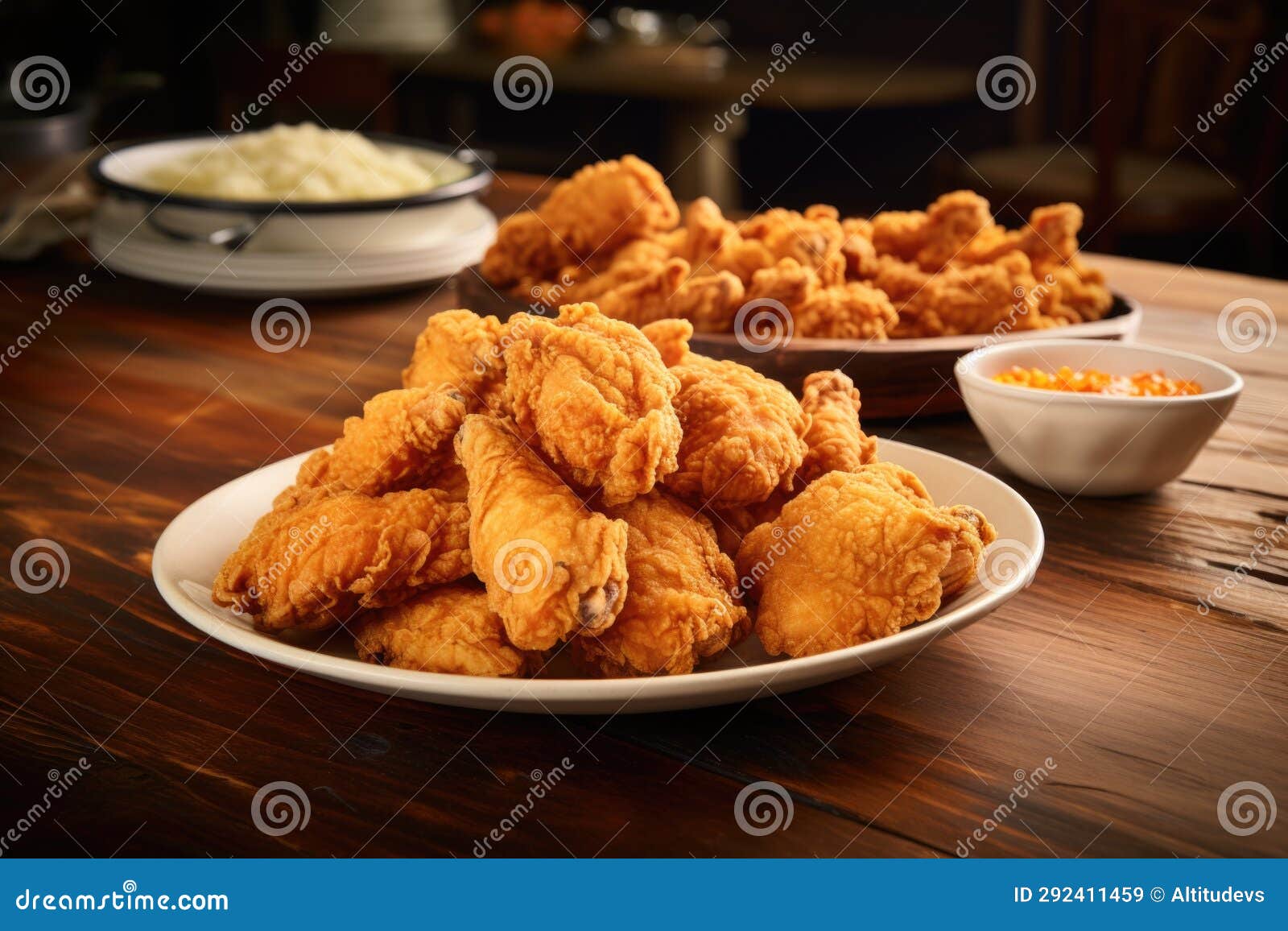 Plate Filled with Crispy Fried Chicken Pieces on a Wooden Table Stock ...