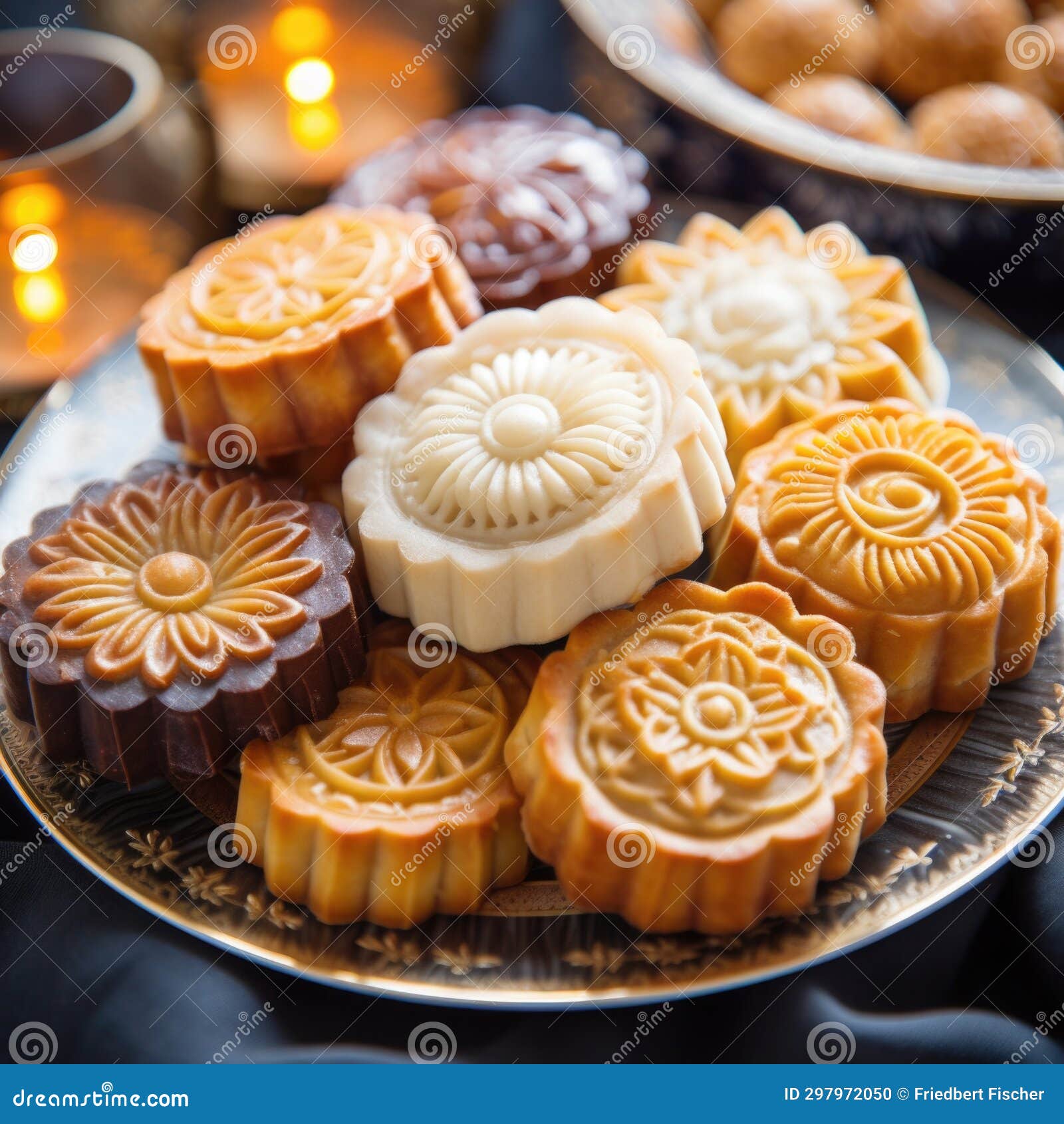 A Plate Filled with Different Kinds of Moon Cakes Stock Photo - Image ...