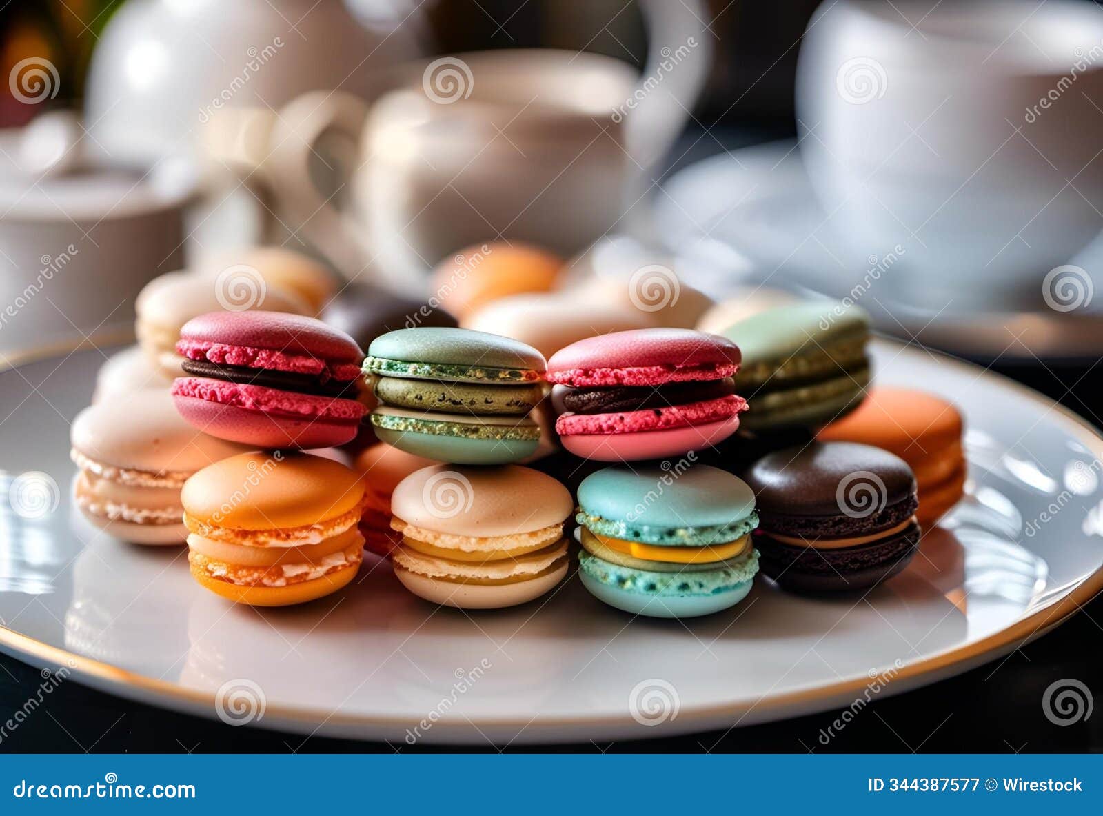 Plate Filled with a Stack of Delicious Macaroons Against a Blur Background of Tableware Stock ...