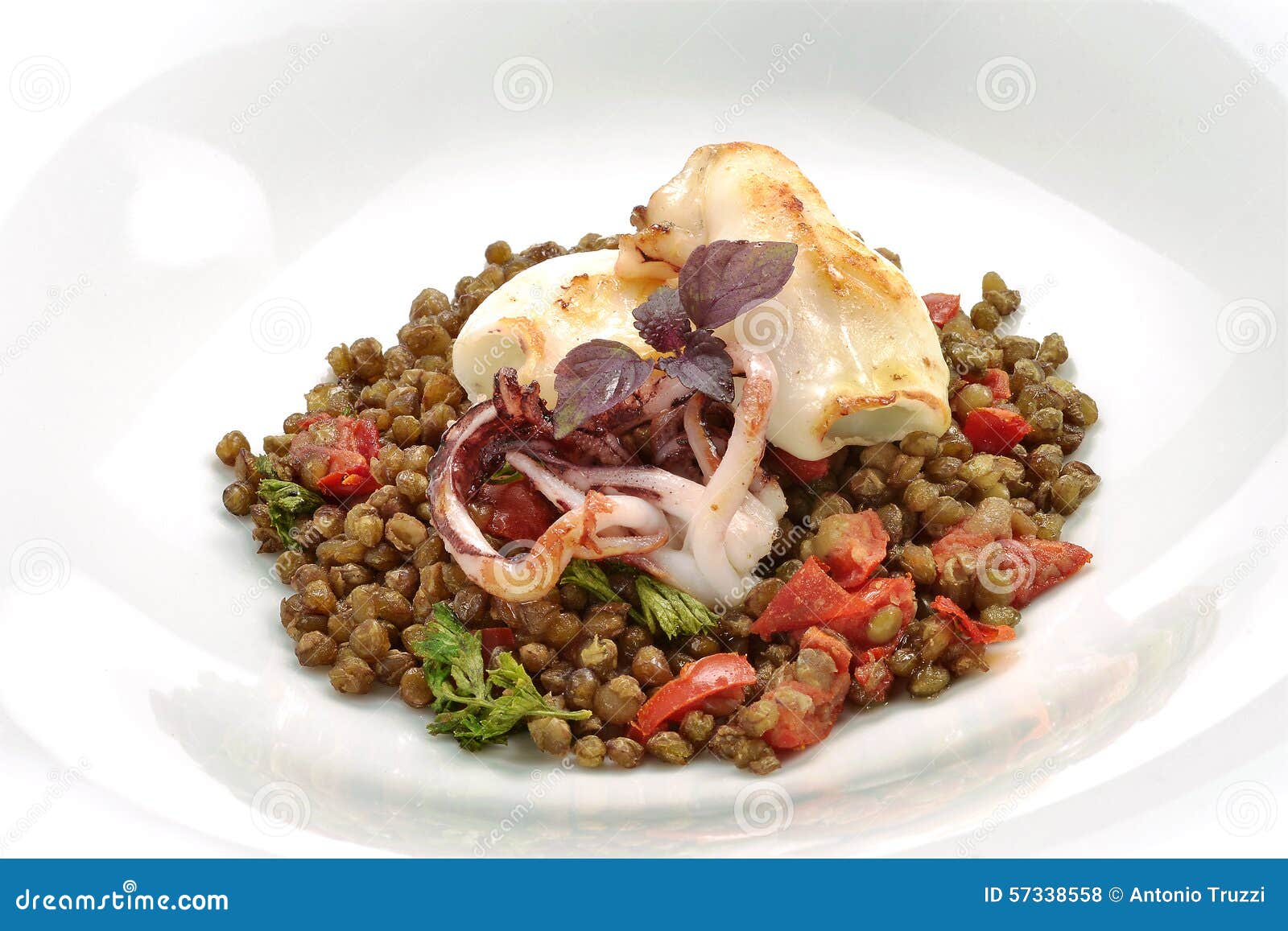 Plate of Fish, Squid Braised with Lentils Stock Photo - Image of fish ...