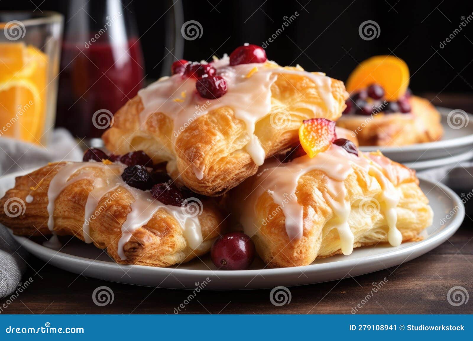 Plate of Flaky Puff Pastries with Fruit Filling and Icing Stock ...
