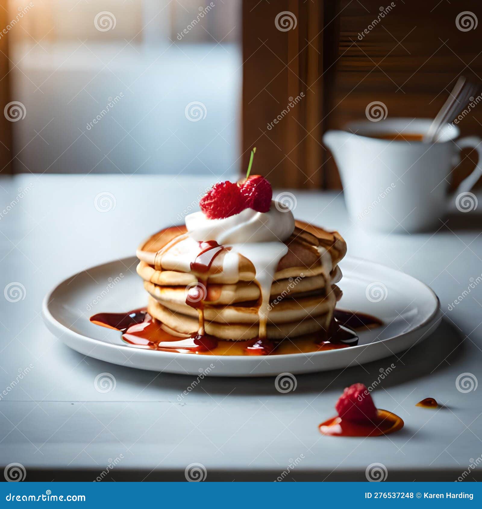 A Plate of Fluffy Pancakes with a Dollop of Whipped Cream and a Drizzle ...