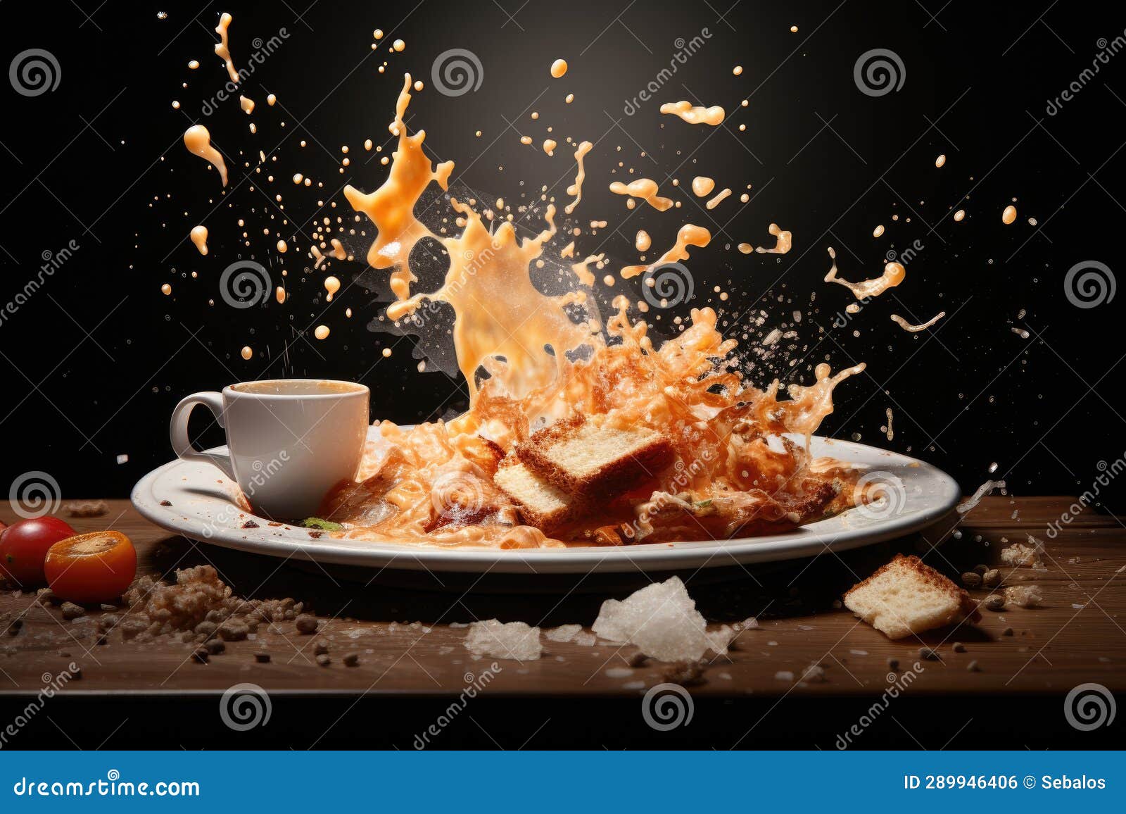 A Plate of Food with a Cup of Coffee Spilling Over it, Creating a Mess ...