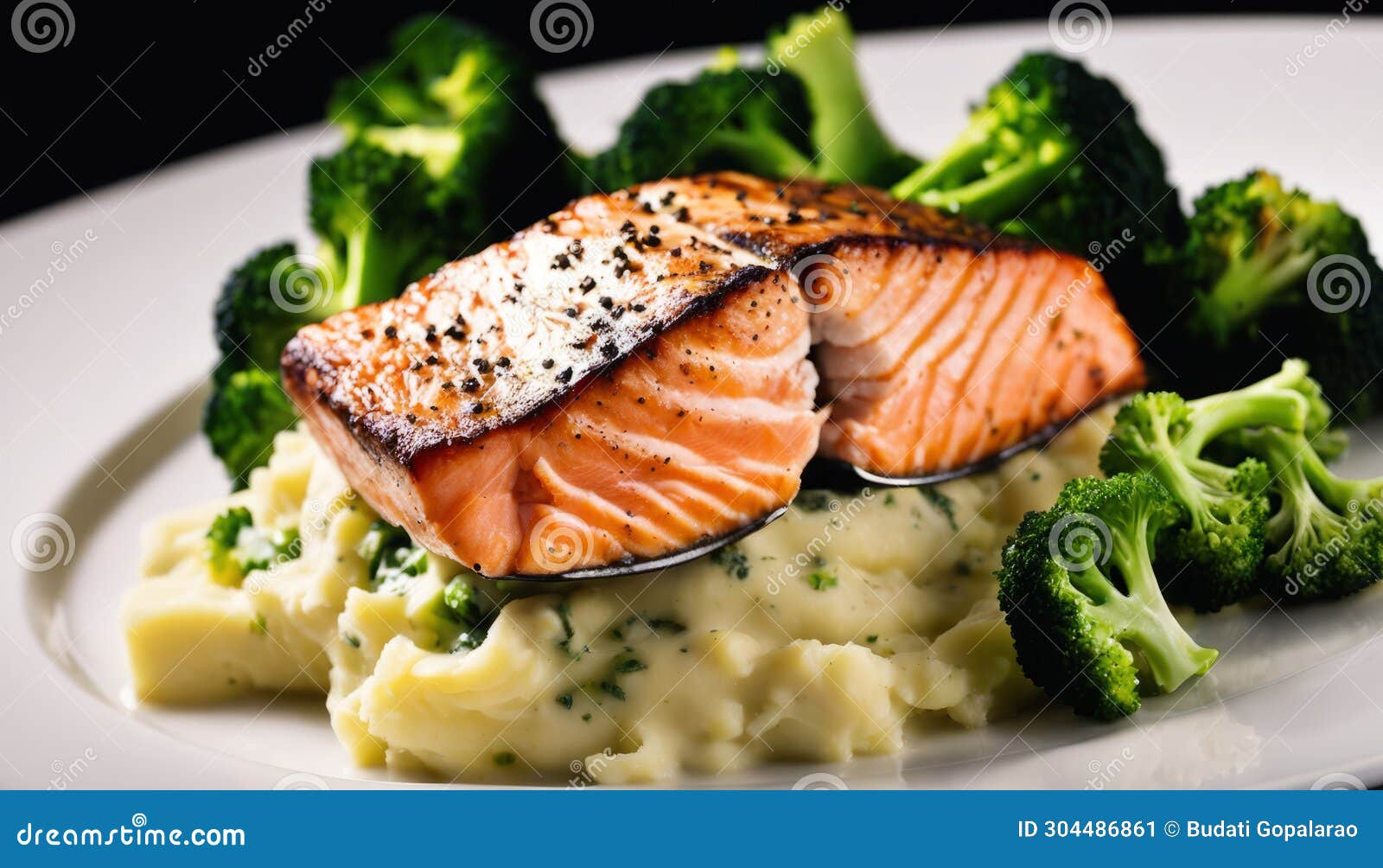 A Plate of Food with Fish, Broccoli and Potatoes Stock Illustration ...