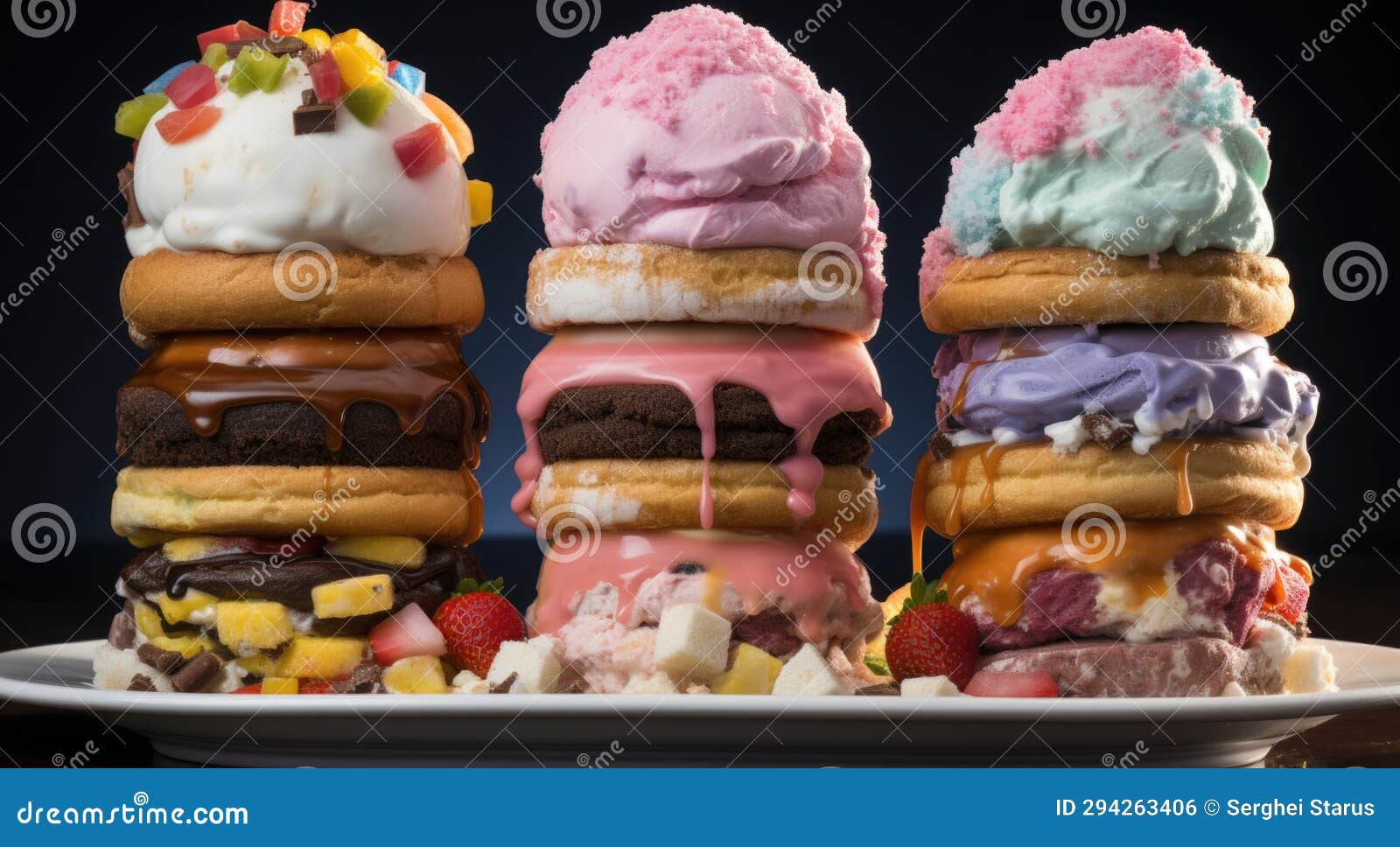 A Plate with Four Different Ice Cream Sundaes, AI Stock Photo - Image ...