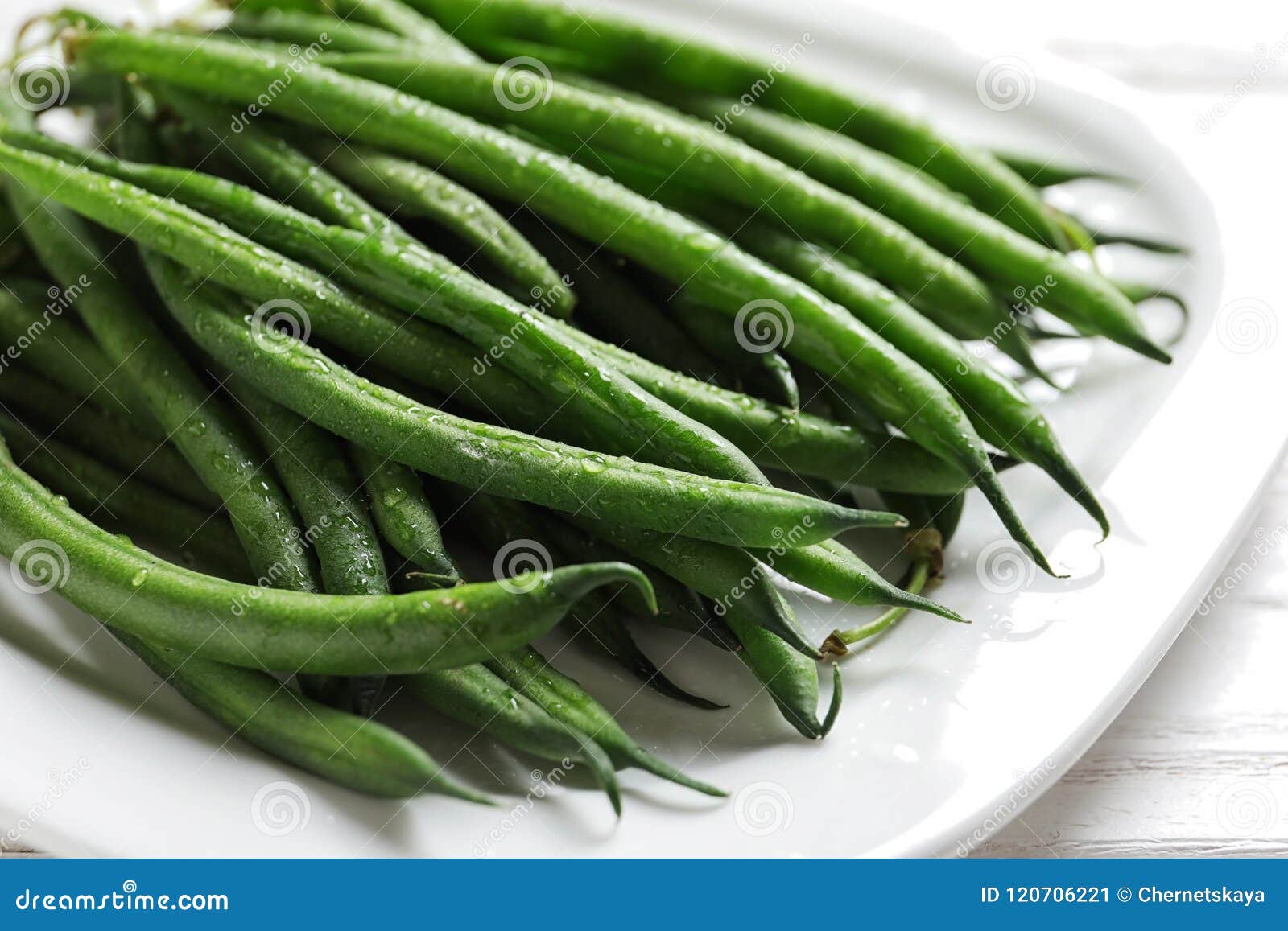 Plate with Fresh Green French Beans on Table Stock Image - Image of ...
