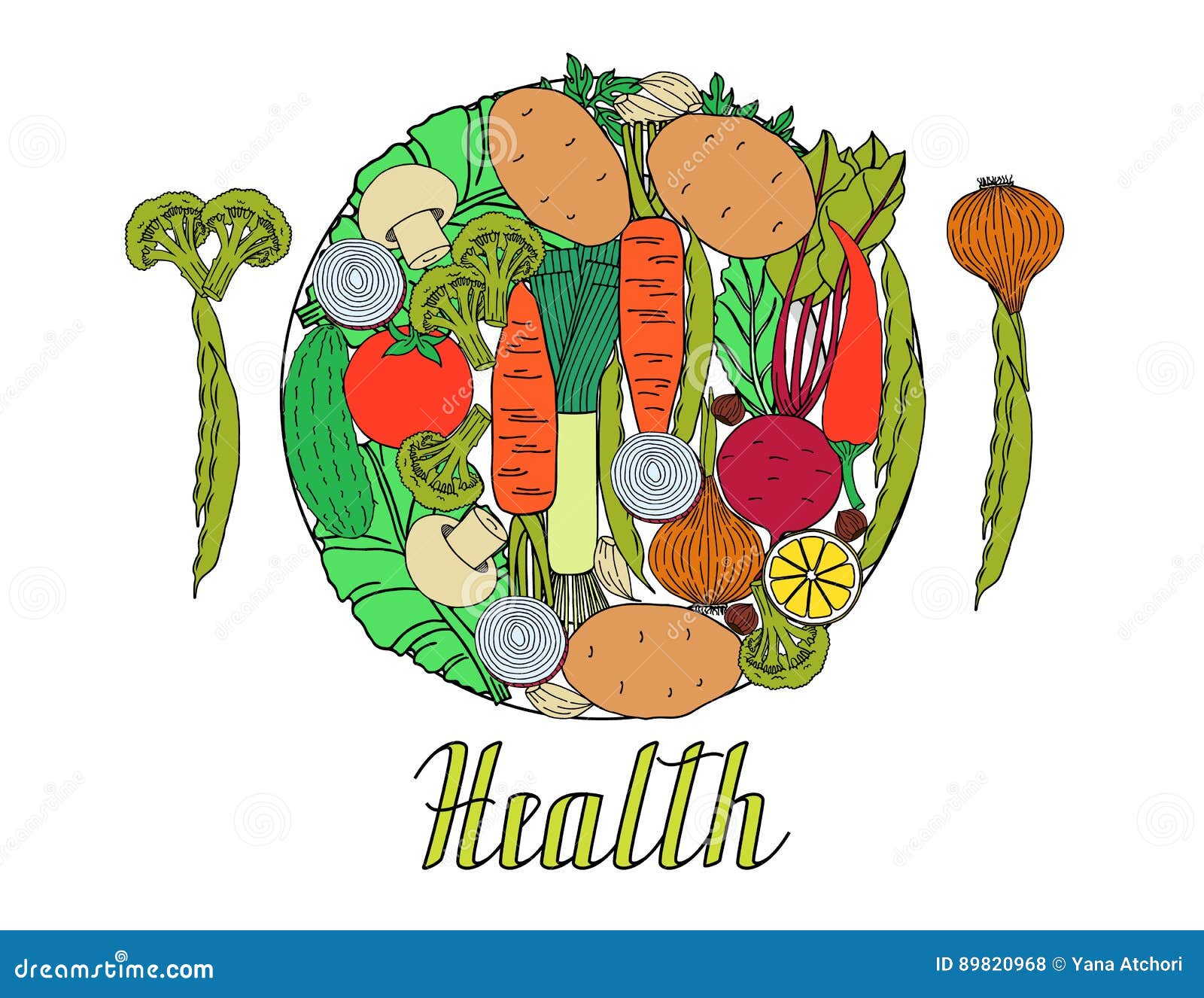 A Plate of Fresh Vegetables with the Text `health`. Stock Illustration ...
