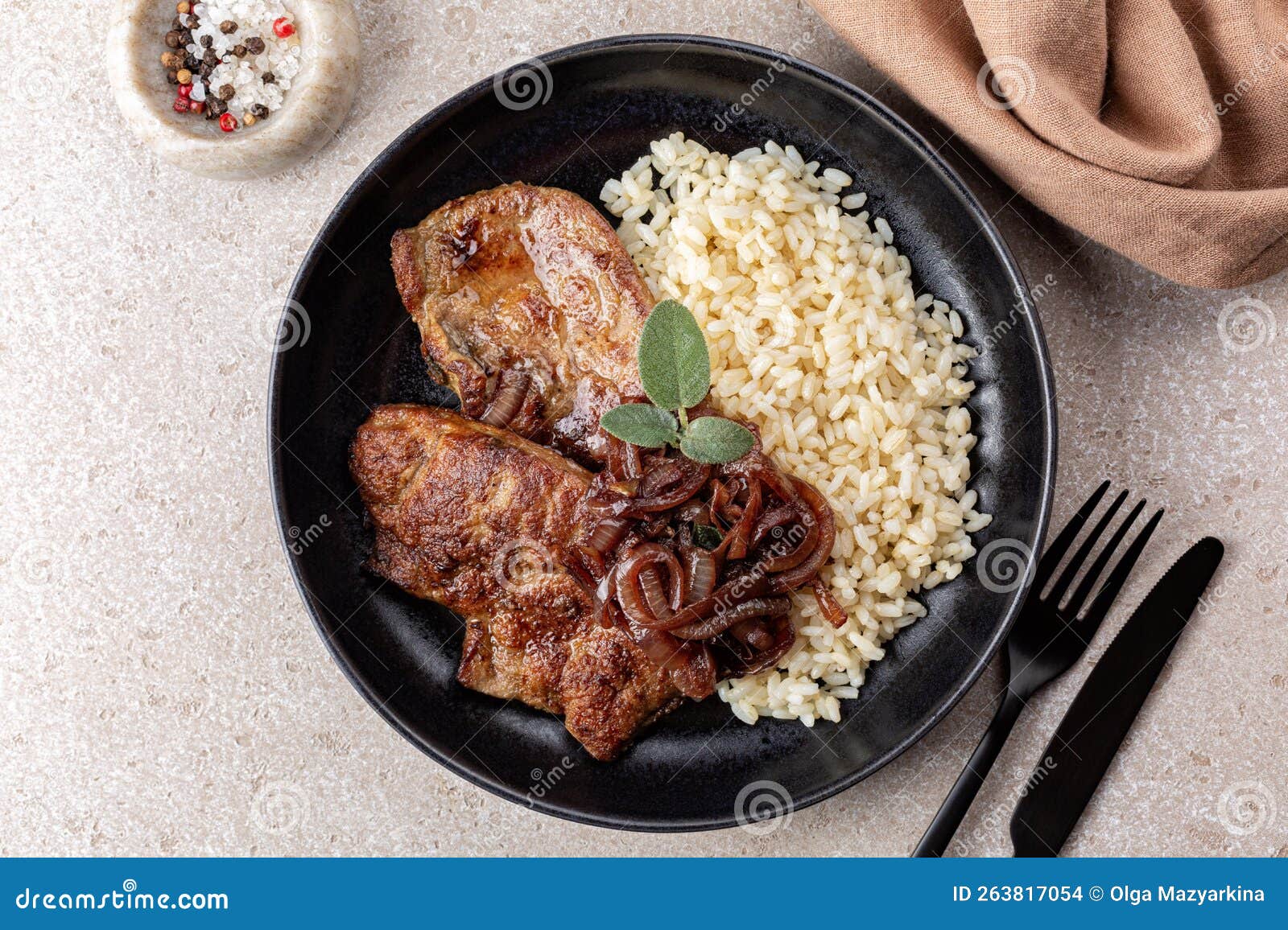 A Plate of Fried Beef Liver with Caramelized Onions, White Rice Stock ...