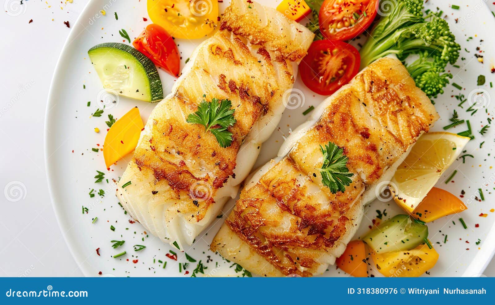 Plate of Fried Cod Fish Fillet with Vegetables Isolated on White ...