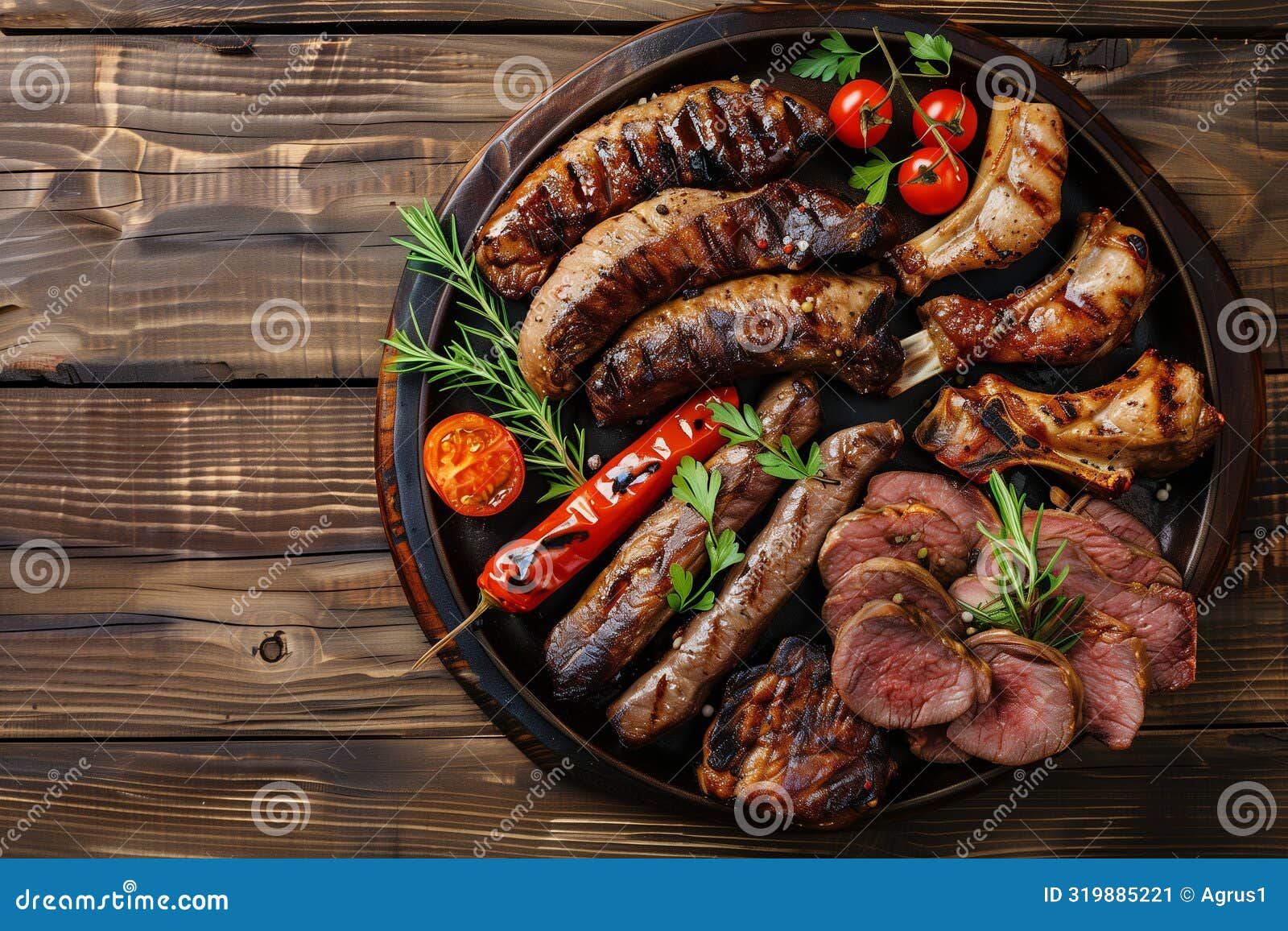 Plate with Fried Meat, Cold Cuts, on Wood Table, Top View Stock ...