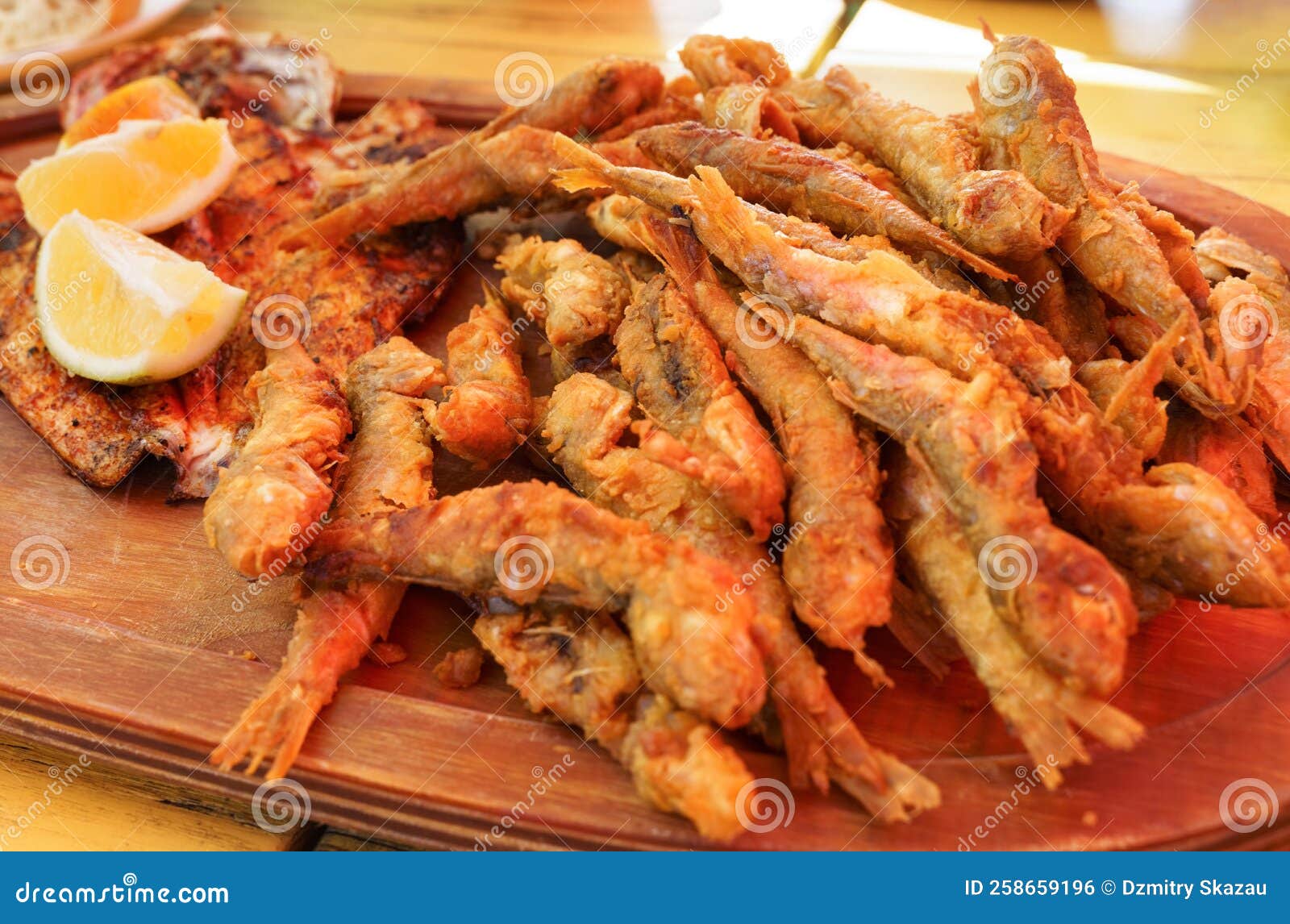 Plate of Fried Small Fish Red Mullet and Lemon Stock Photo - Image of ...
