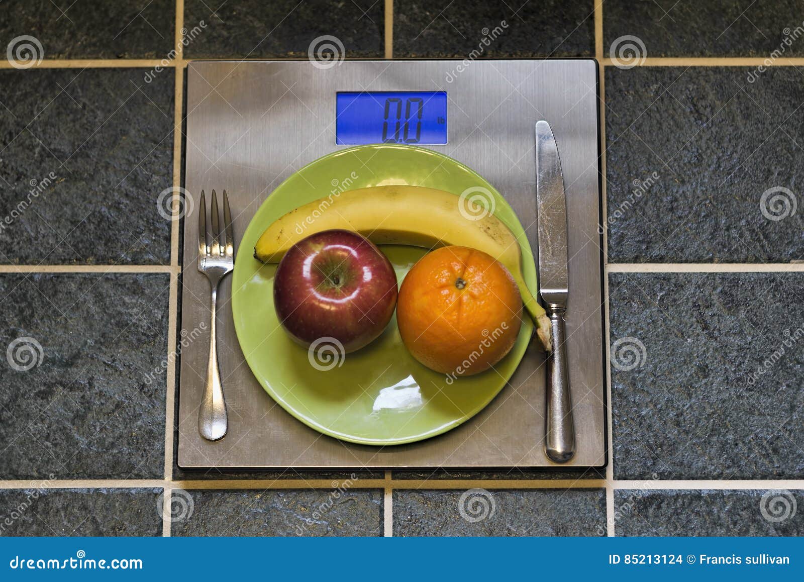 Plate of Fruit on a Weight Scale Stock Photo - Image of utensils, floor ...