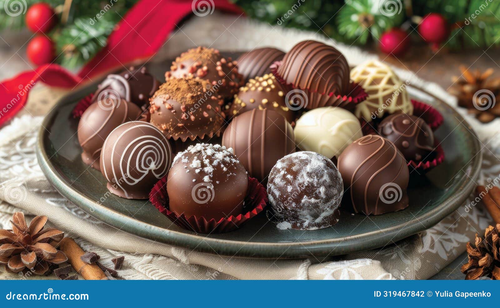 Plate Full of Chocolates on Table Stock Photo - Image of sugar, powder ...