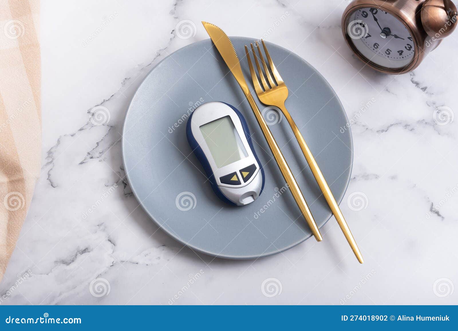 Plate with Glucometer and Cutlery on Plate and Alarm Clock. Diabetes ...