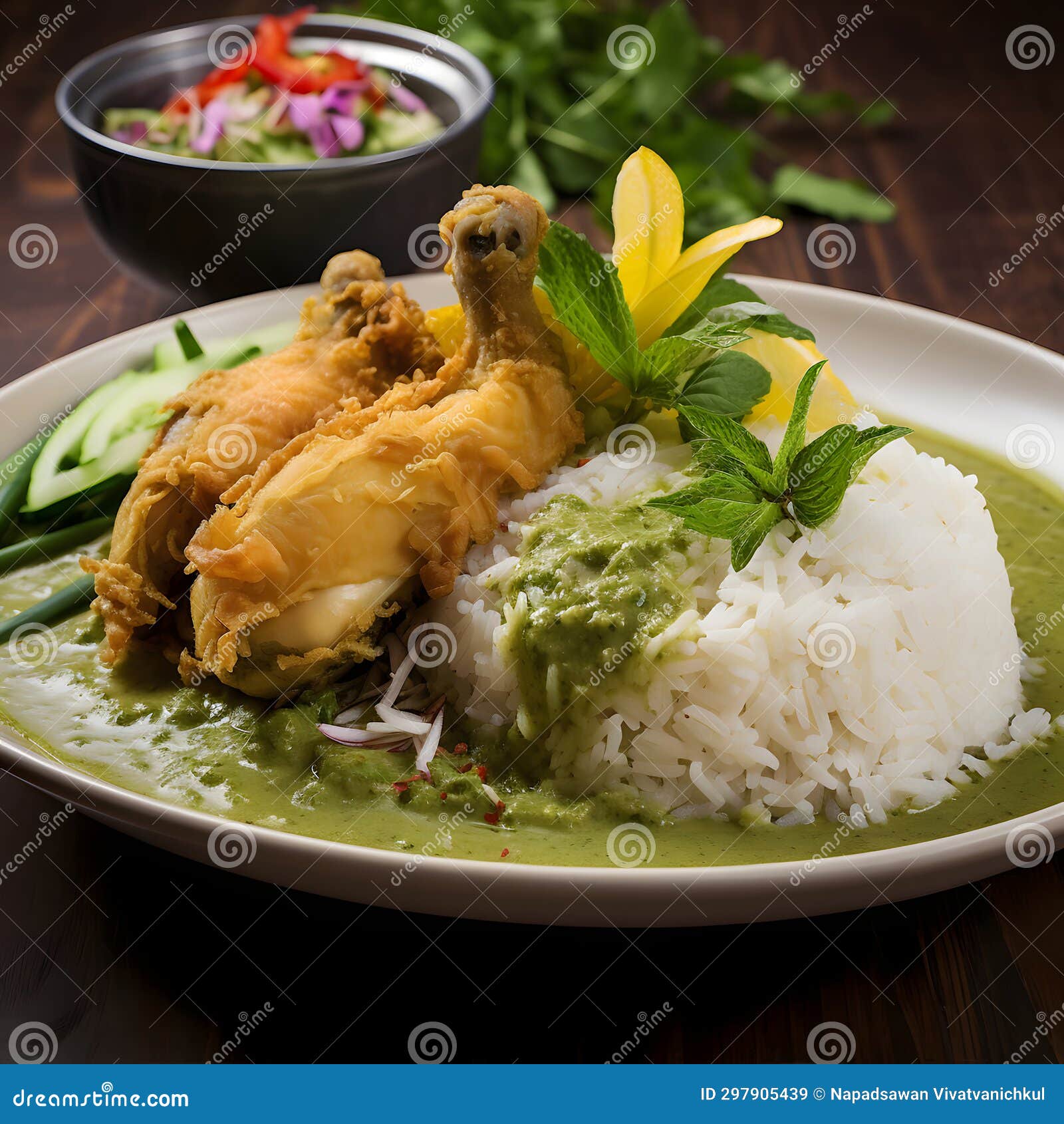 A Plate of Green Curry Over Rice and Fried Chicken Garnished with Basil ...