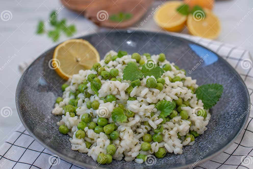 Plate of Green Pea Risotto with Green Pea Stock Photo - Image of style ...