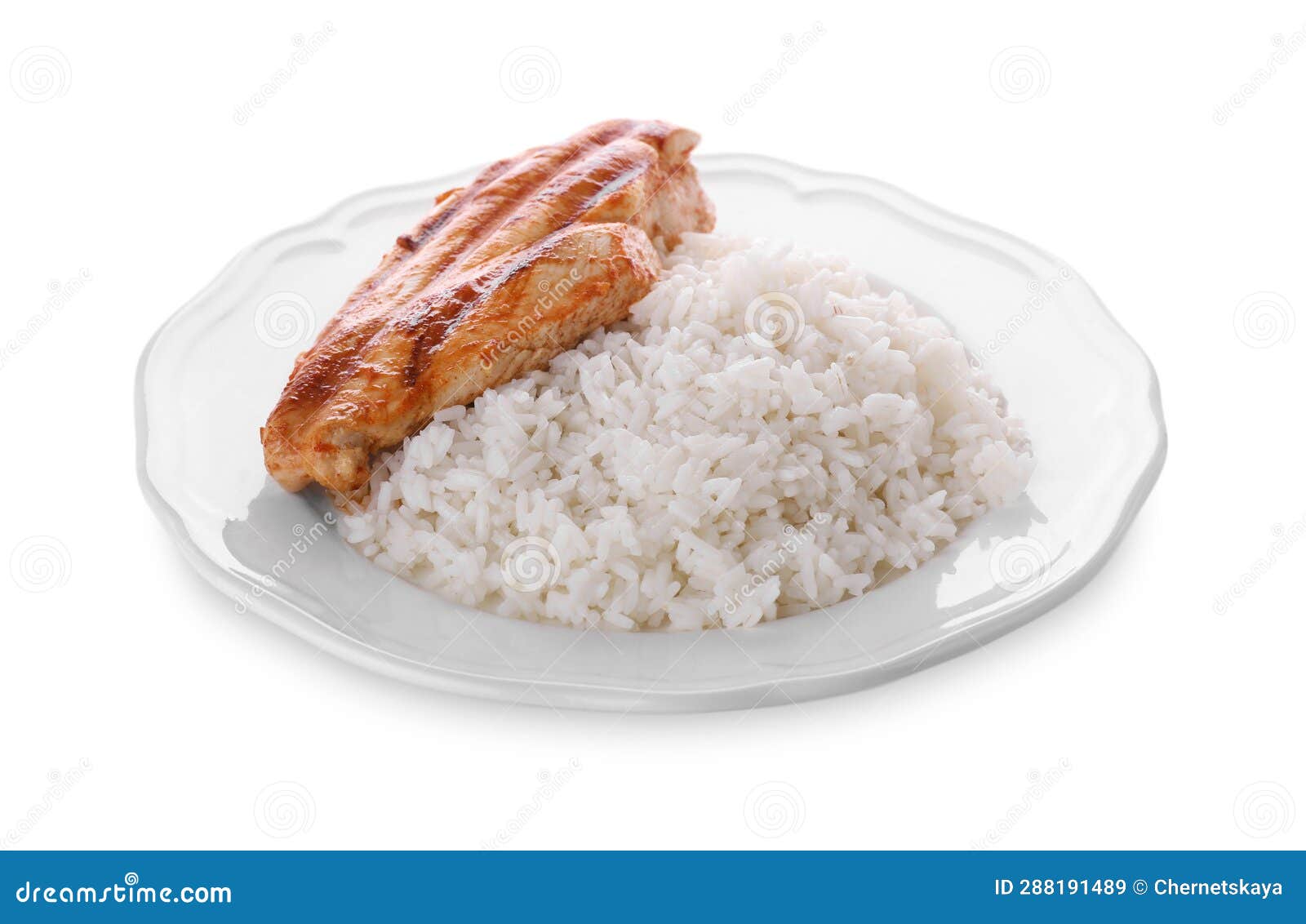 Plate with Grilled Chicken Breast and Rice Isolated on White Stock ...