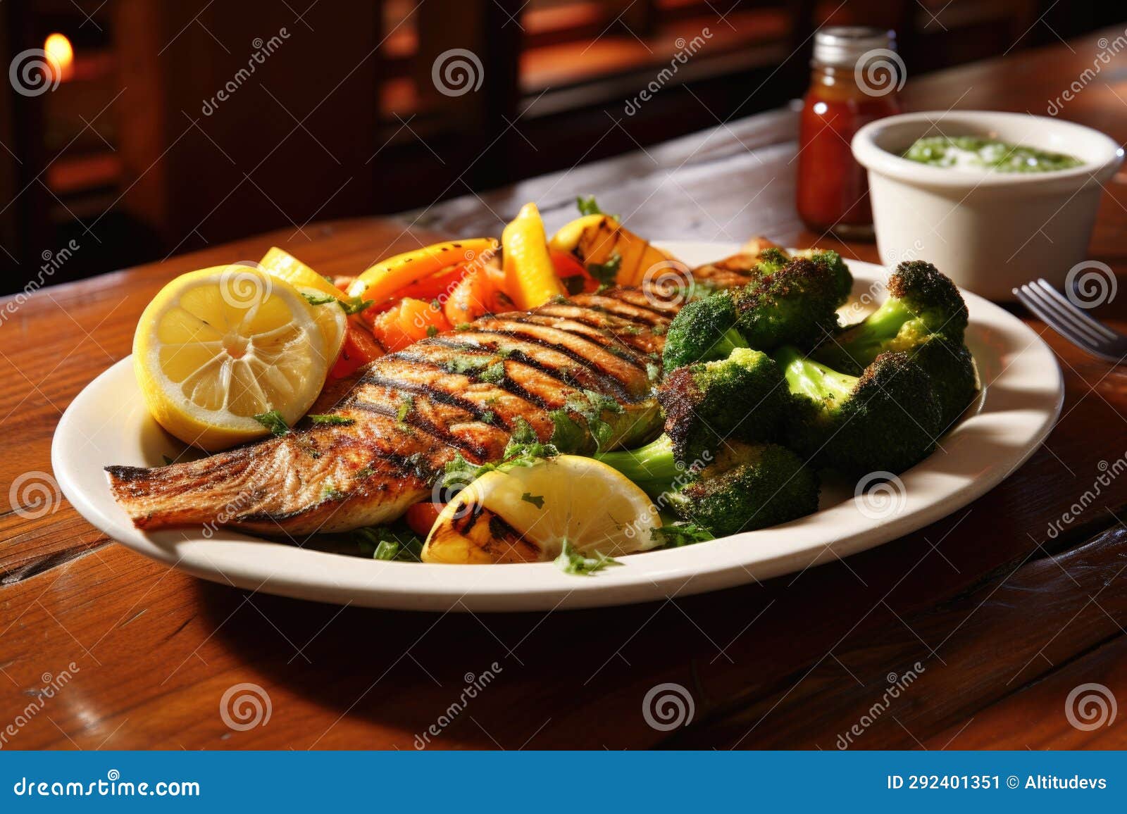 A Plate of Grilled Fish with Steamed Vegetables on a Table Stock Image ...