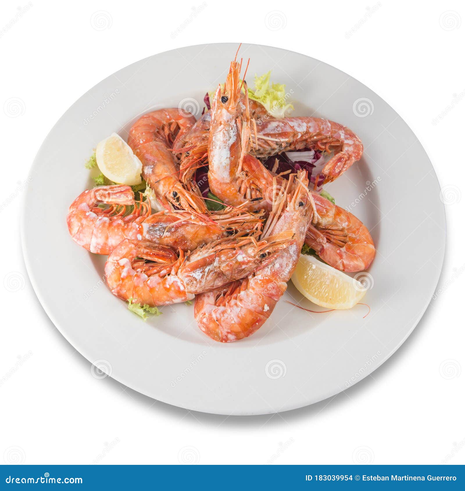 Plate of Grilled Jumbo Shrimp with Lemon and Endive. Stock Photo ...