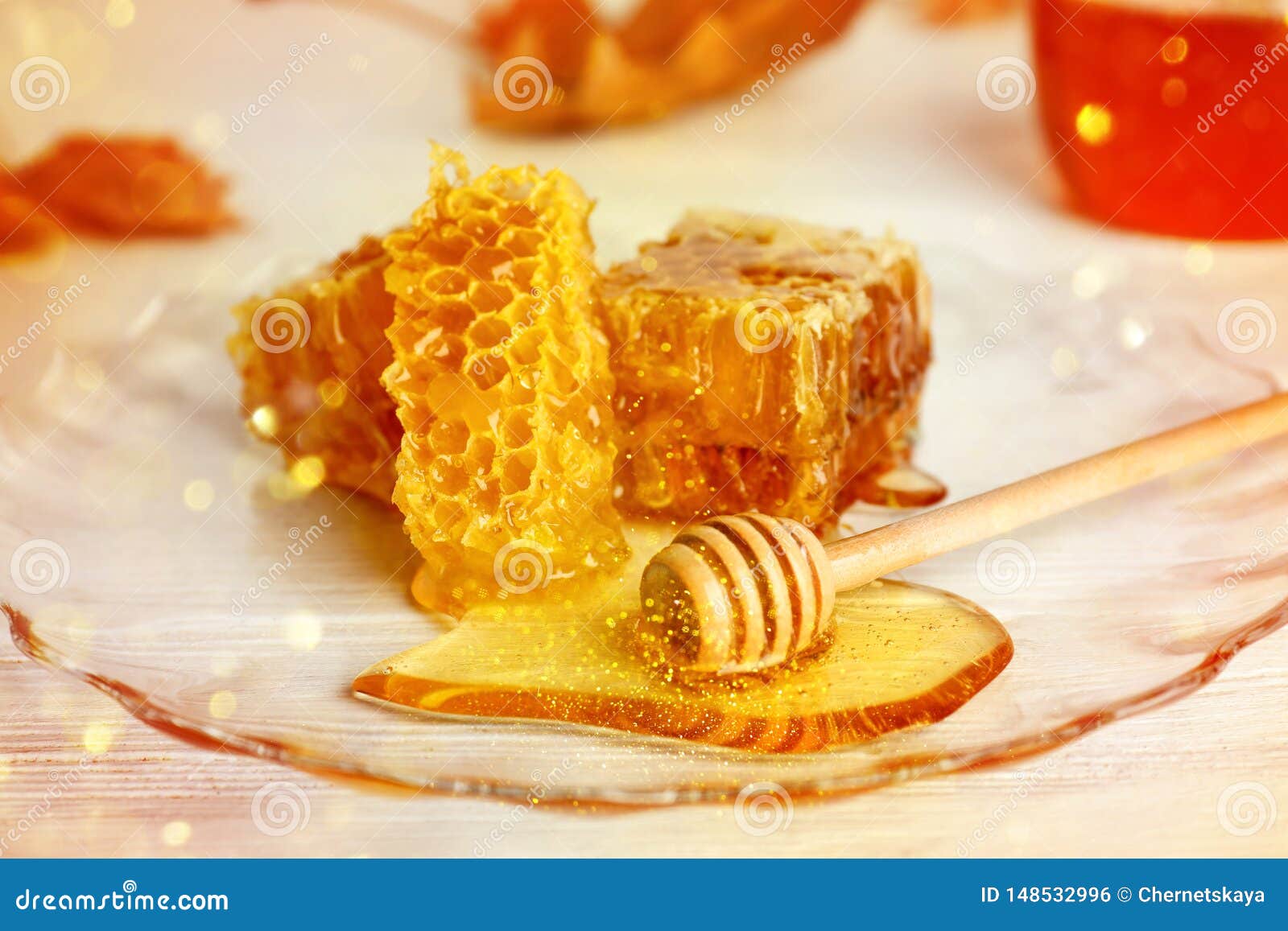 Plate with Honeycomb Pieces and Dipper Stock Photo - Image of healthy ...