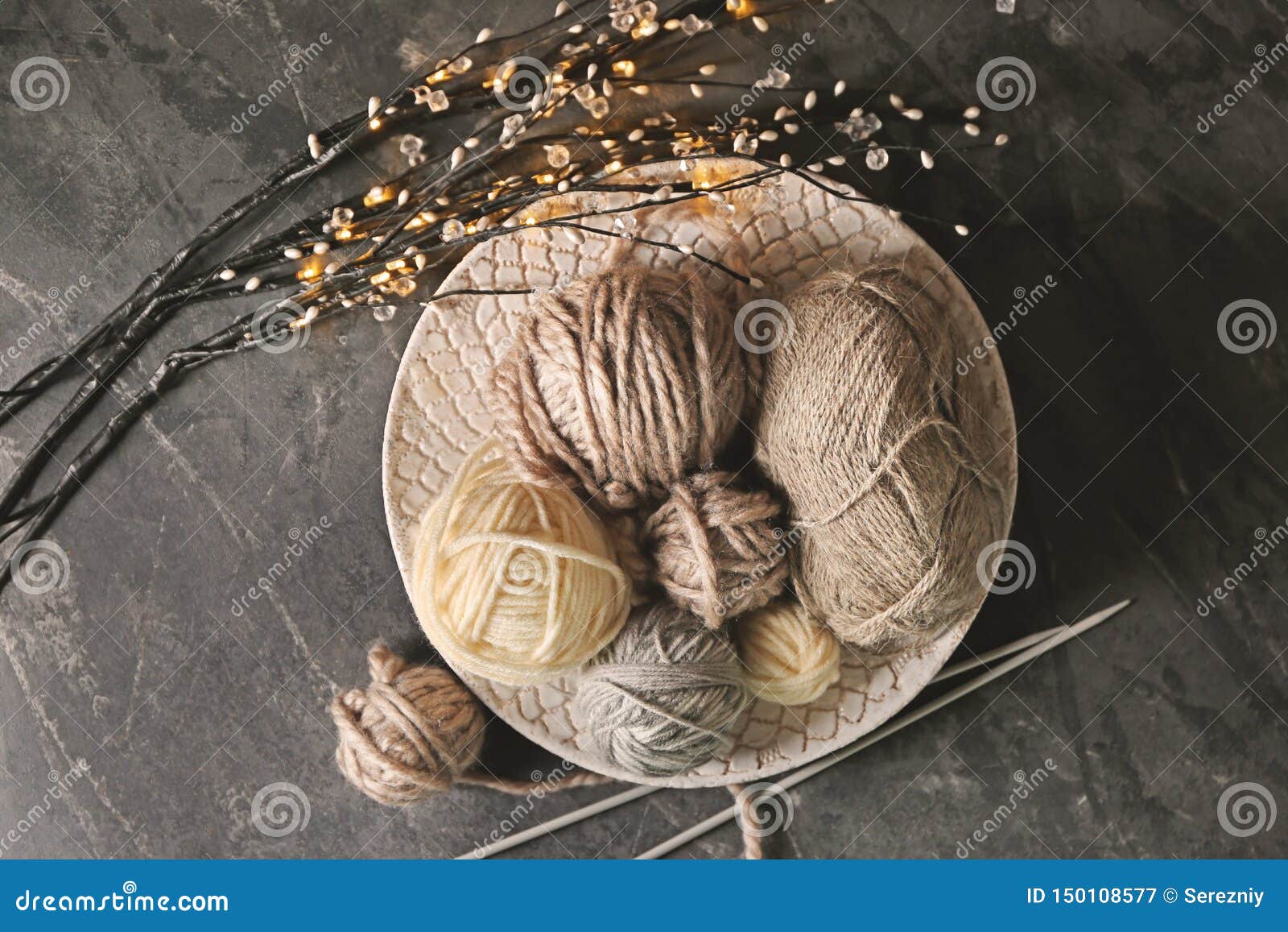 Plate with Knitting Yarn on Table Stock Image - Image of clothes, flat ...
