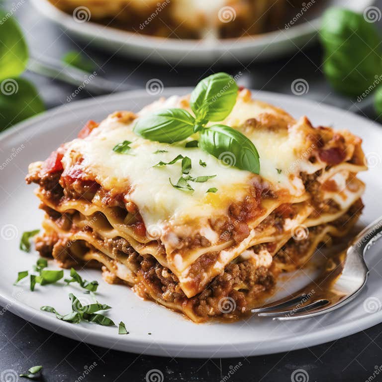 Plate of Lasagna with Fork - AI MidJourney Stock Photo - Image of ...