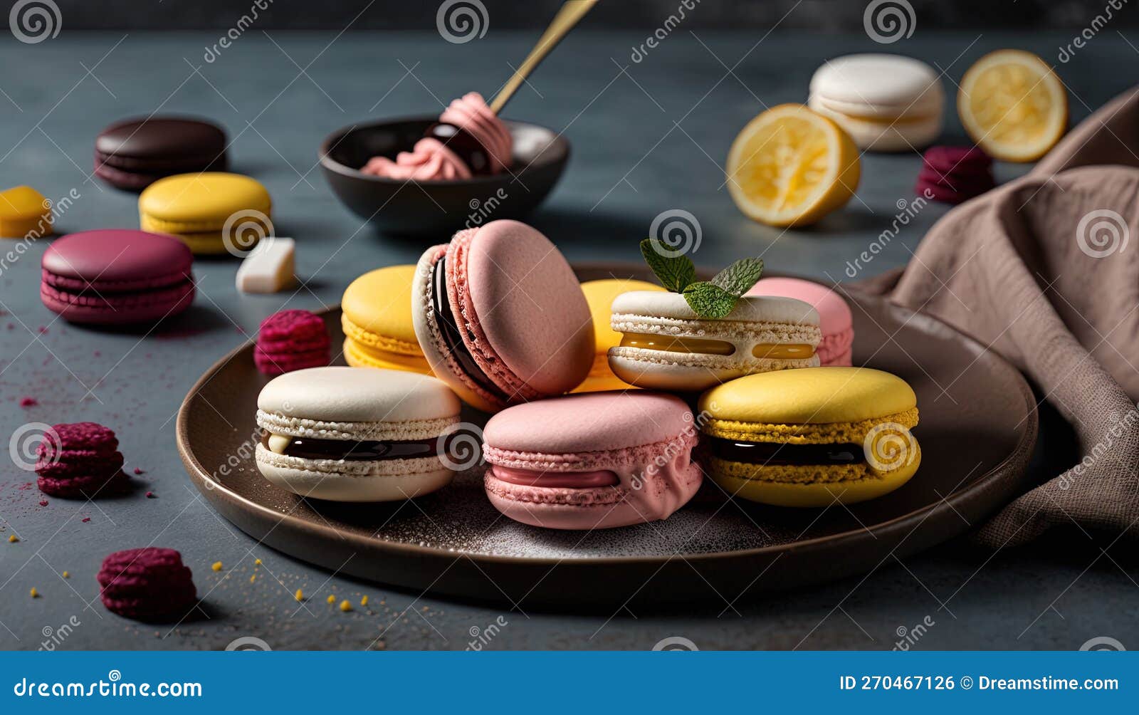 A Plate of Macaroons and a Bowl of Macaroons on a Table with Other ...