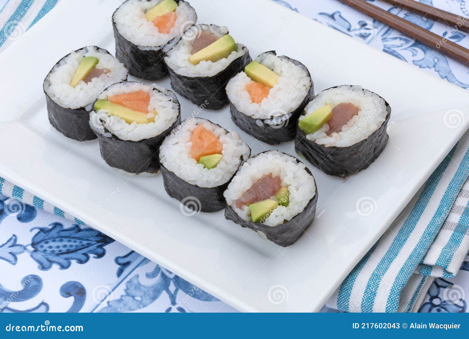 Plate of maki on a table stock image. Image of fresh - 217602043