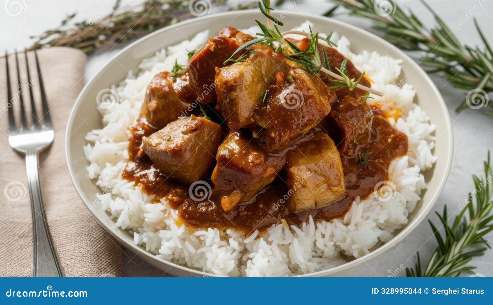 A Plate of Meat and Rice with a Fork on Top, AI Stock Photo - Image of ...