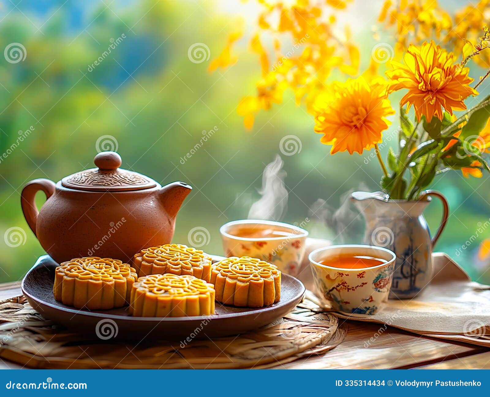 A Plate of Mooncakes and a Teapot on a Table with a Cup of Tea Stock ...
