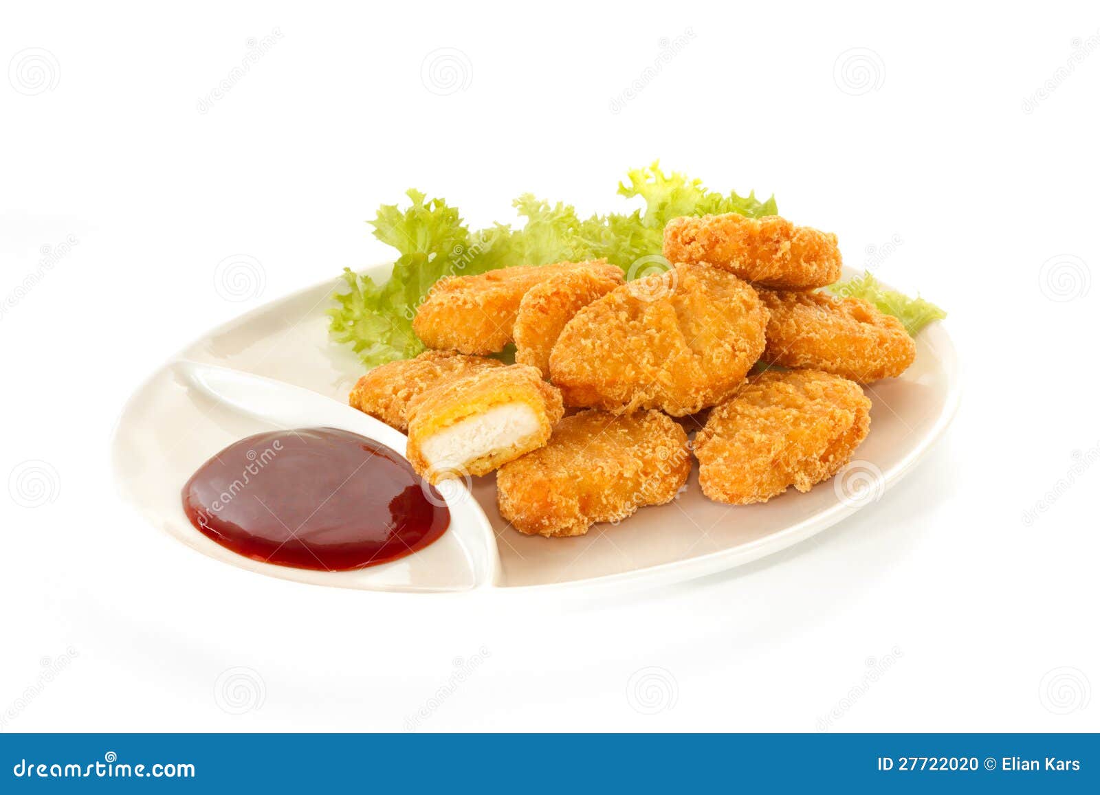 Plate of Nuggets with Dip Sauce, One Nugget Cut Stock Photo - Image of ...