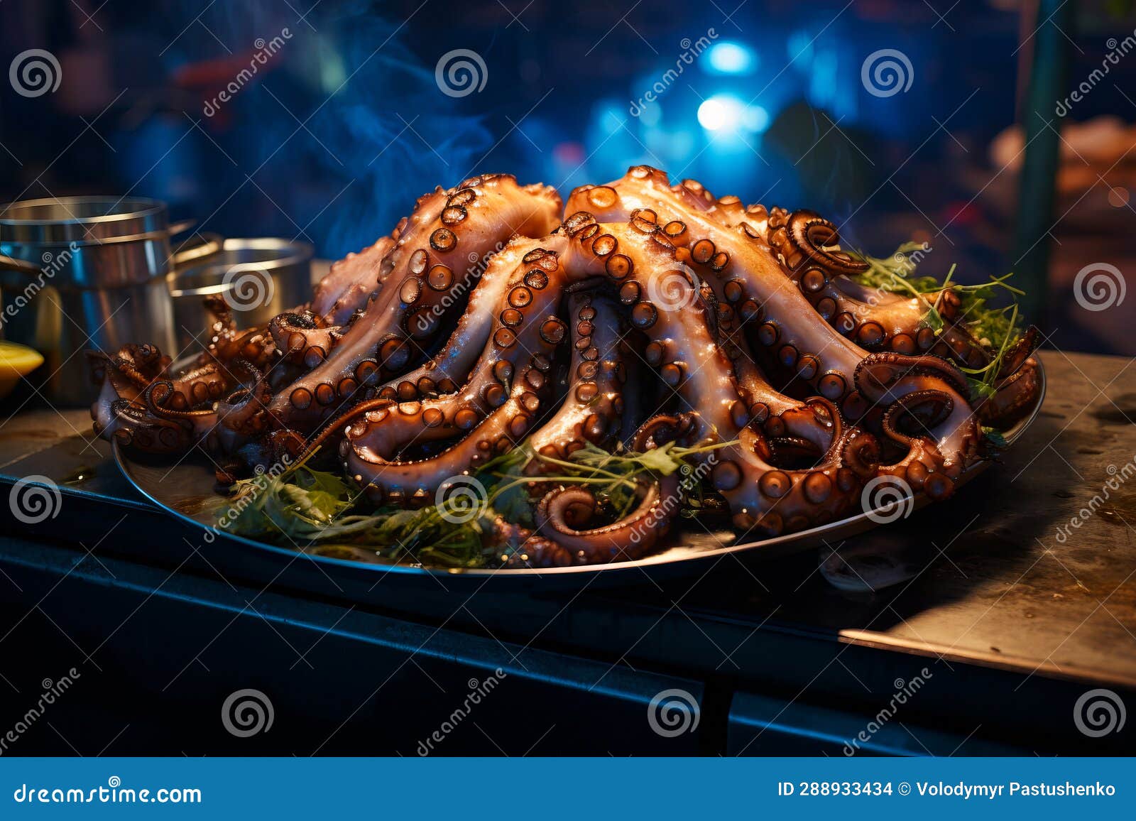 Plate of Octopus on Table with Blue Background and Blue Light ...