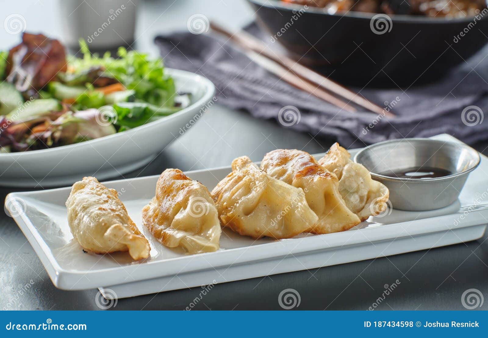 Plate of Pan Fried Gyoza Dumplings with Soy Sauce Stock Photo - Image ...