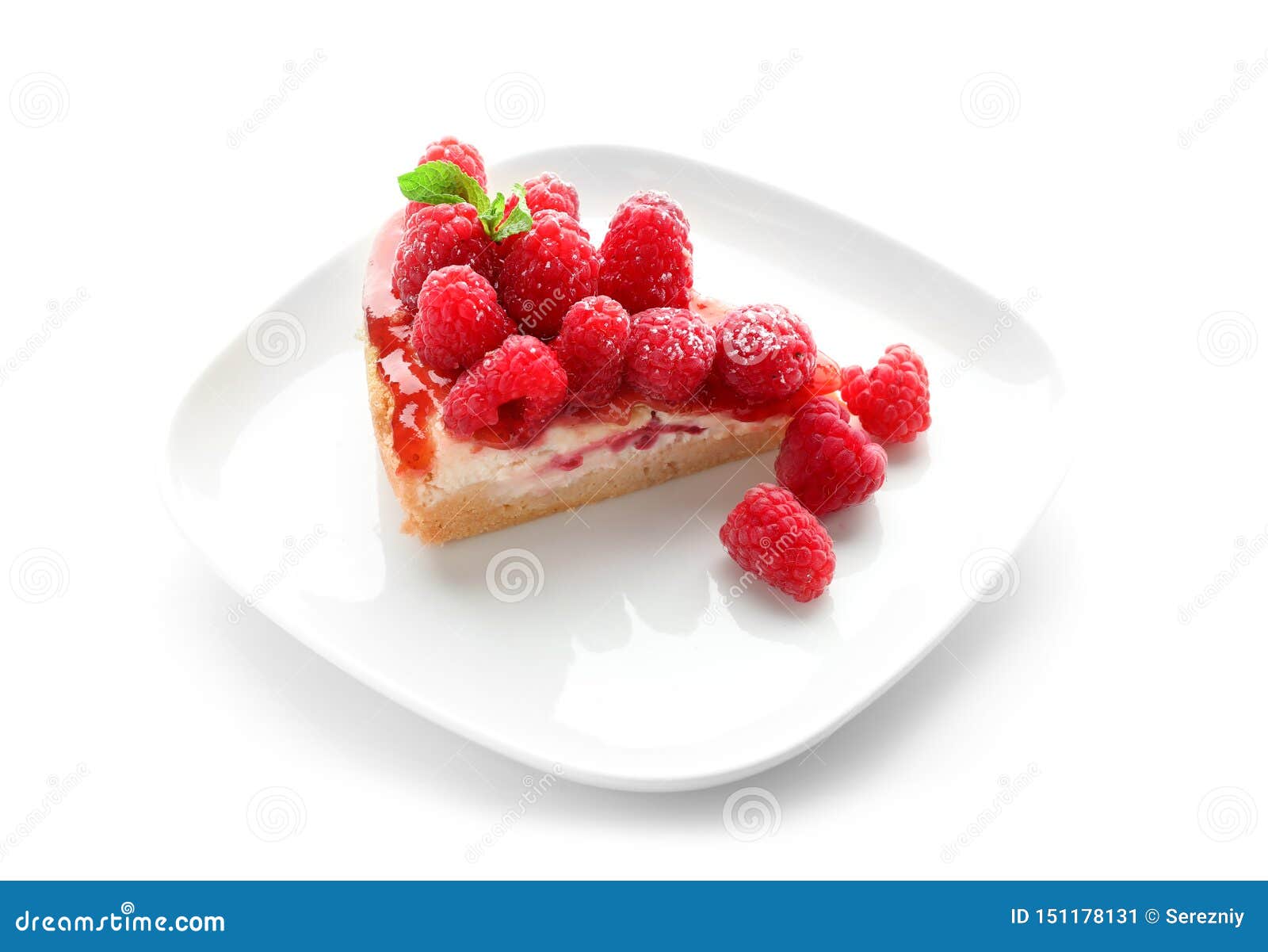 Plate with Piece of Delicious Raspberry Cheesecake on White Background ...