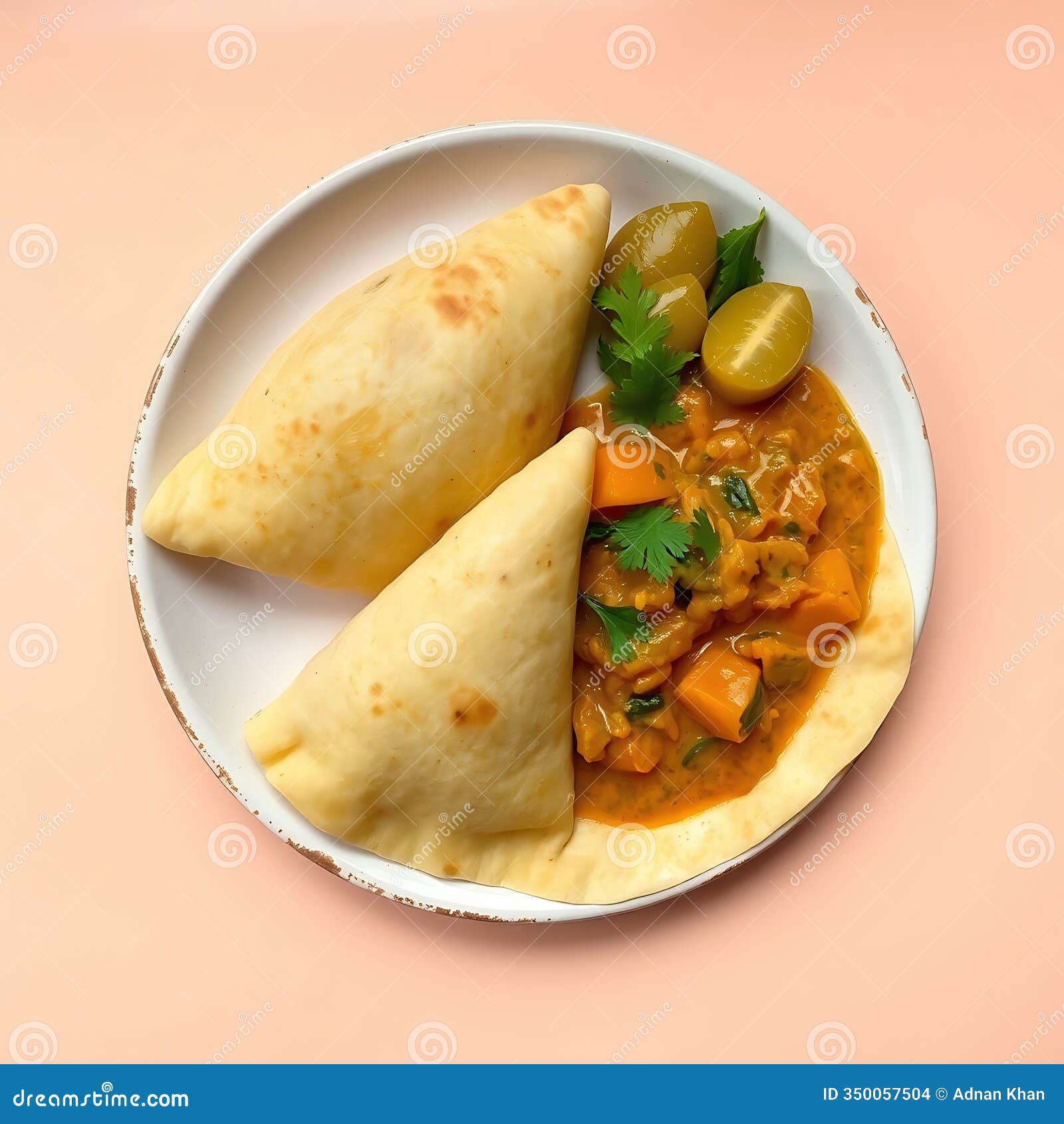 A Plate Of Poori With Aloo Curry And Pickles On A Pastel Peach ...