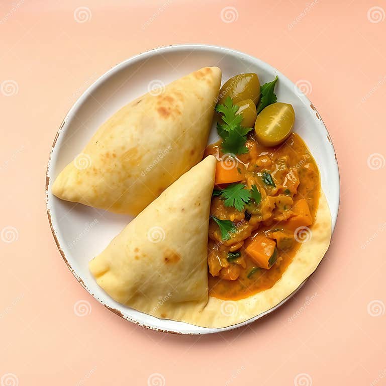 A Plate of Poori with Aloo Curry and Pickles on a Pastel Peach ...