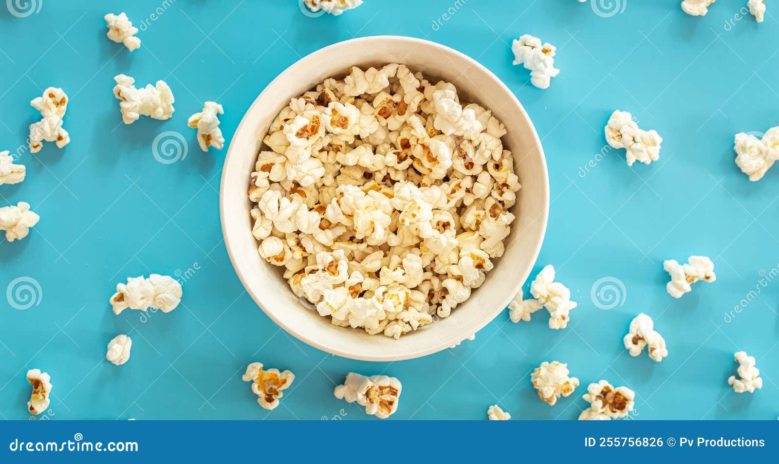 Plate with Popcorn on a Blue Background, Flat Lay. Stock Photo - Image ...