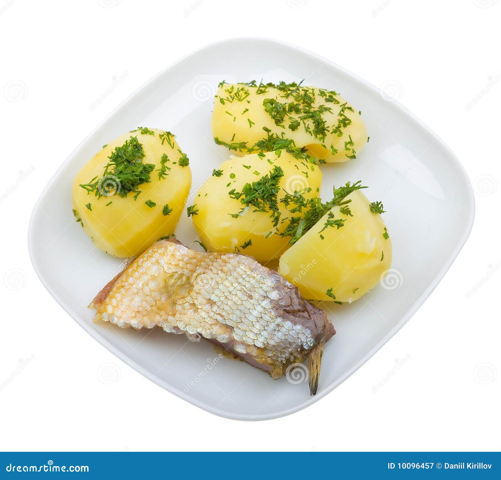 Plate of Potato with Fish Isolated on White Stock Image - Image of ...