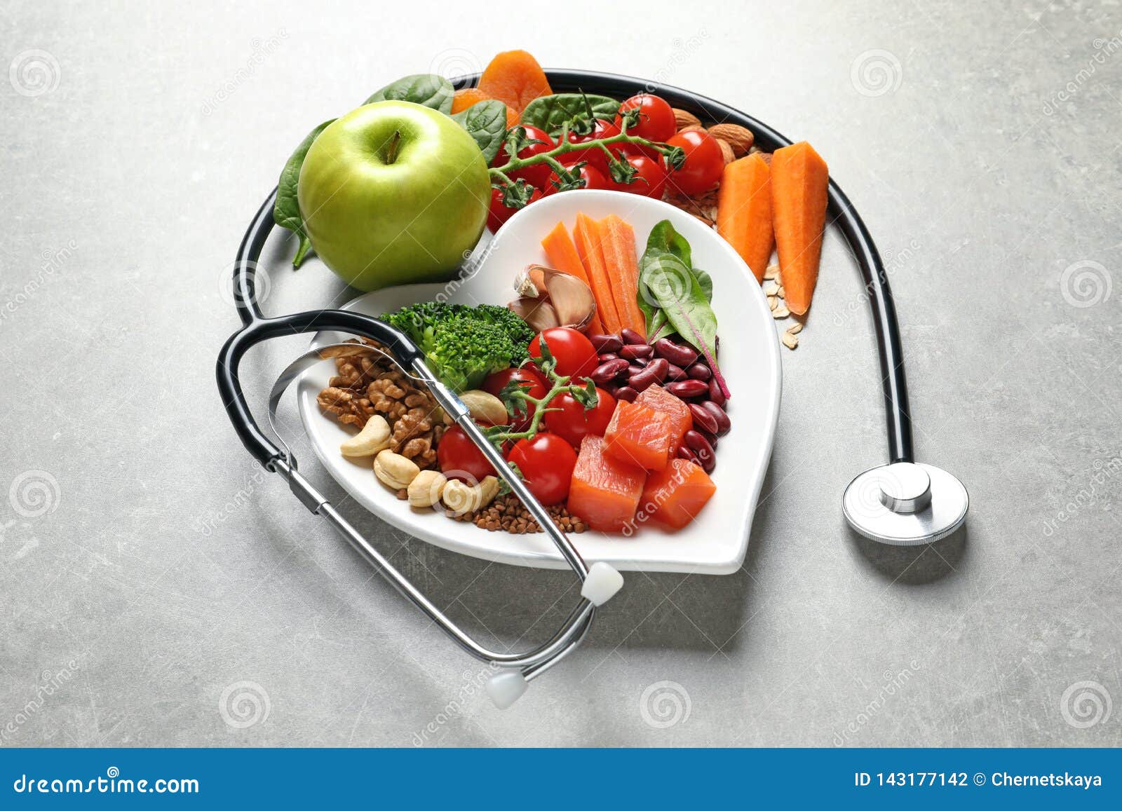 Plate of Products for Heart-healthy Diet and Stethoscope Stock Photo ...