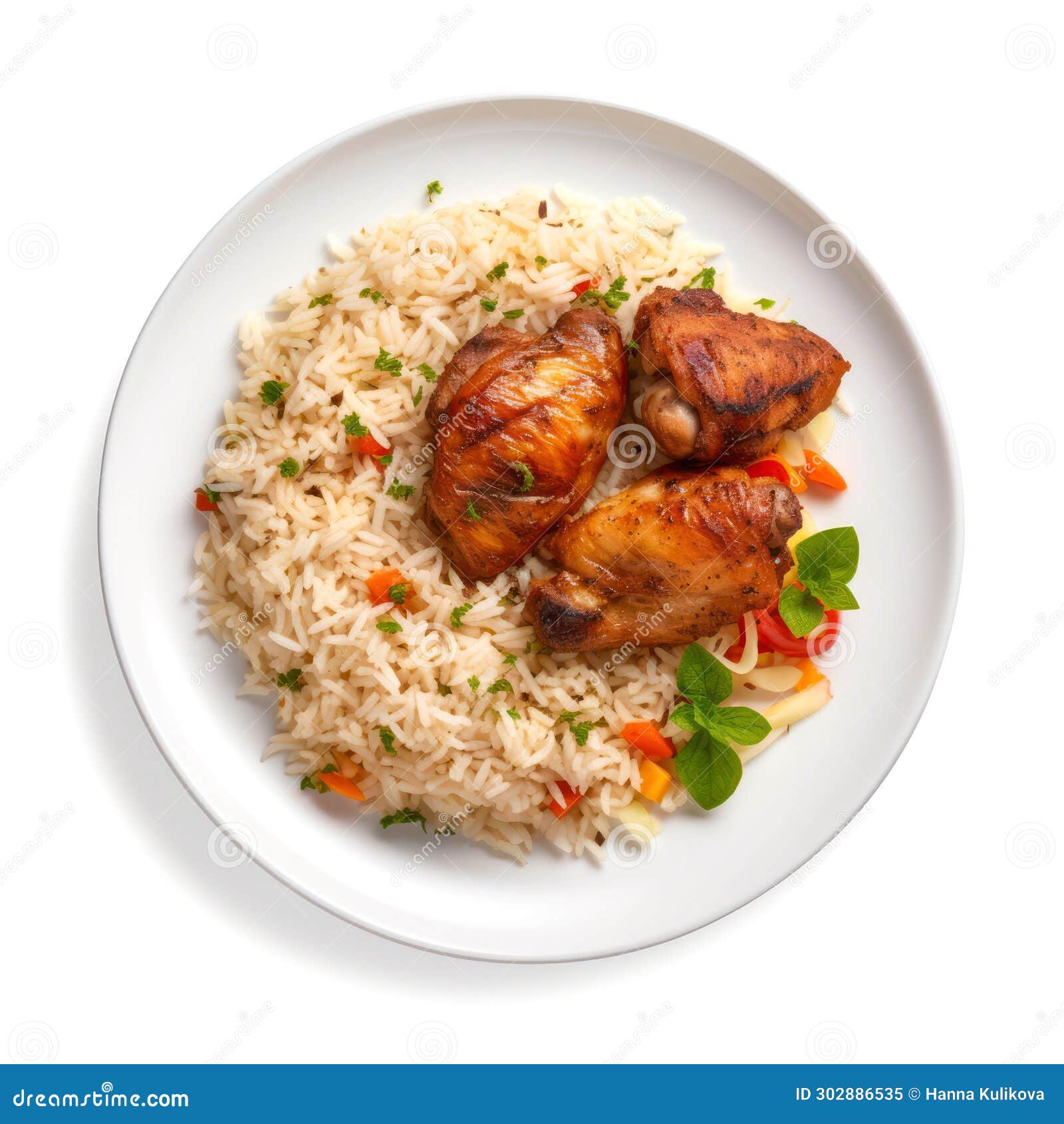 Plate of Rice with Fried Chicken on White Background. Stock ...