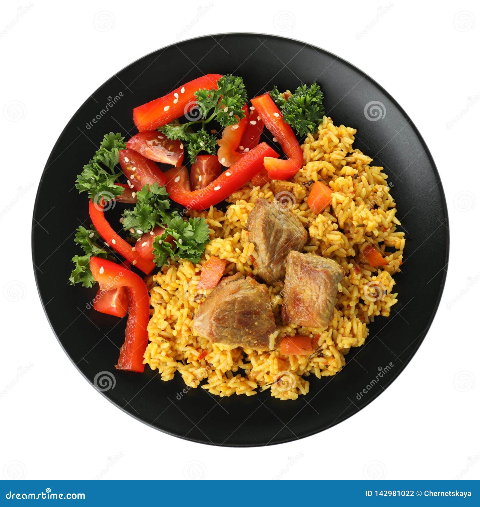 Plate with Rice Pilaf and Meat on White, Top View Stock Photo - Image ...