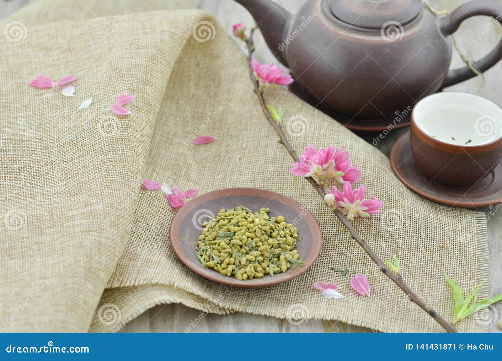 Plate with Rice Tea in Wooden Stock Image - Image of closeup, floral ...