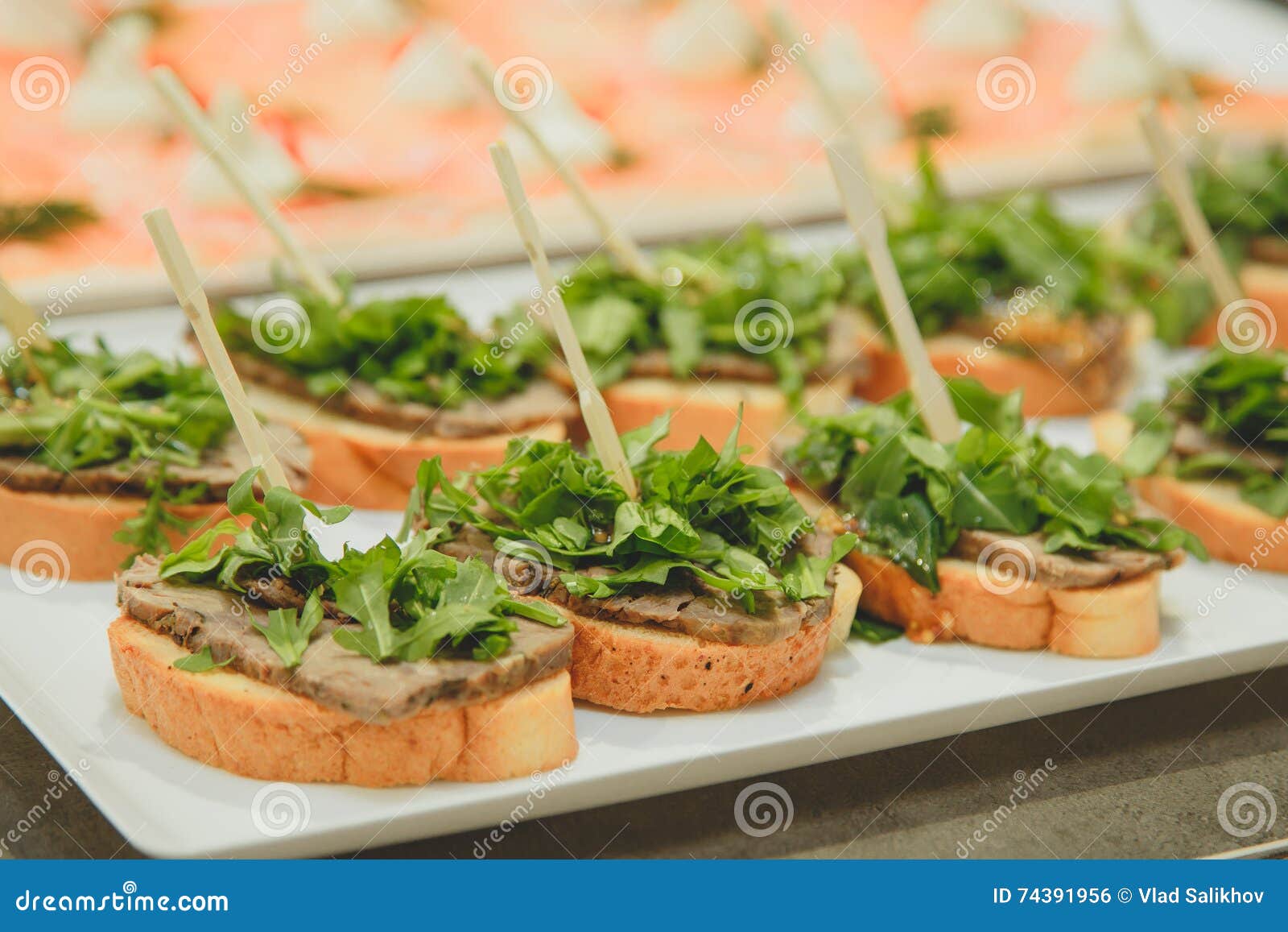 Plate of Sandwiches and Stuffing on Toothpick Baguette, Beef Lettuce ...