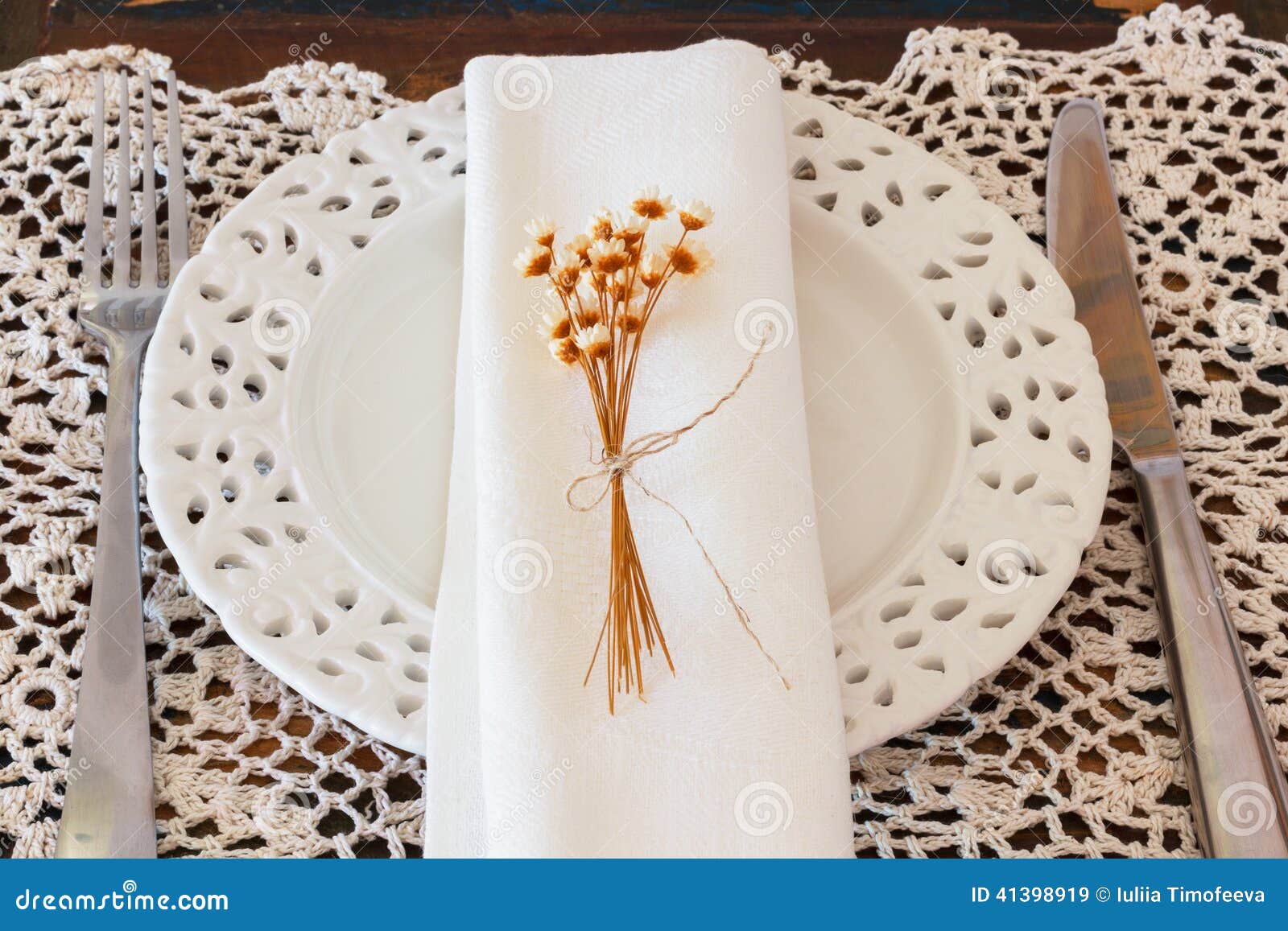 Plate Serviette Fork Knife Dried Flowers Crochet Doily Stock Image ...