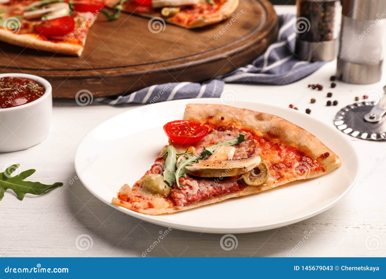 Plate with Slice of Delicious Pizza Baked in Oven Stock Image - Image ...