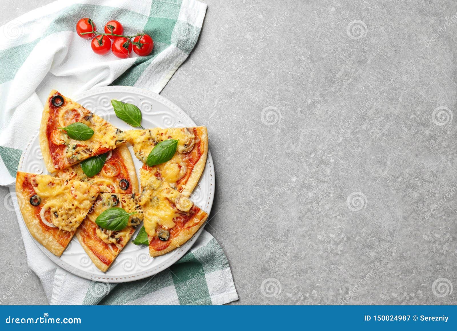 Plate with Slices of Tasty Pizza on Grey Table, Top View Stock Image ...